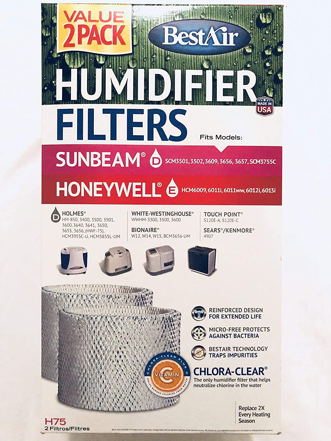 BestAir H75-2 Pack, Holmes Replacement, Paper Wick Humidifier Filter, 7 ...