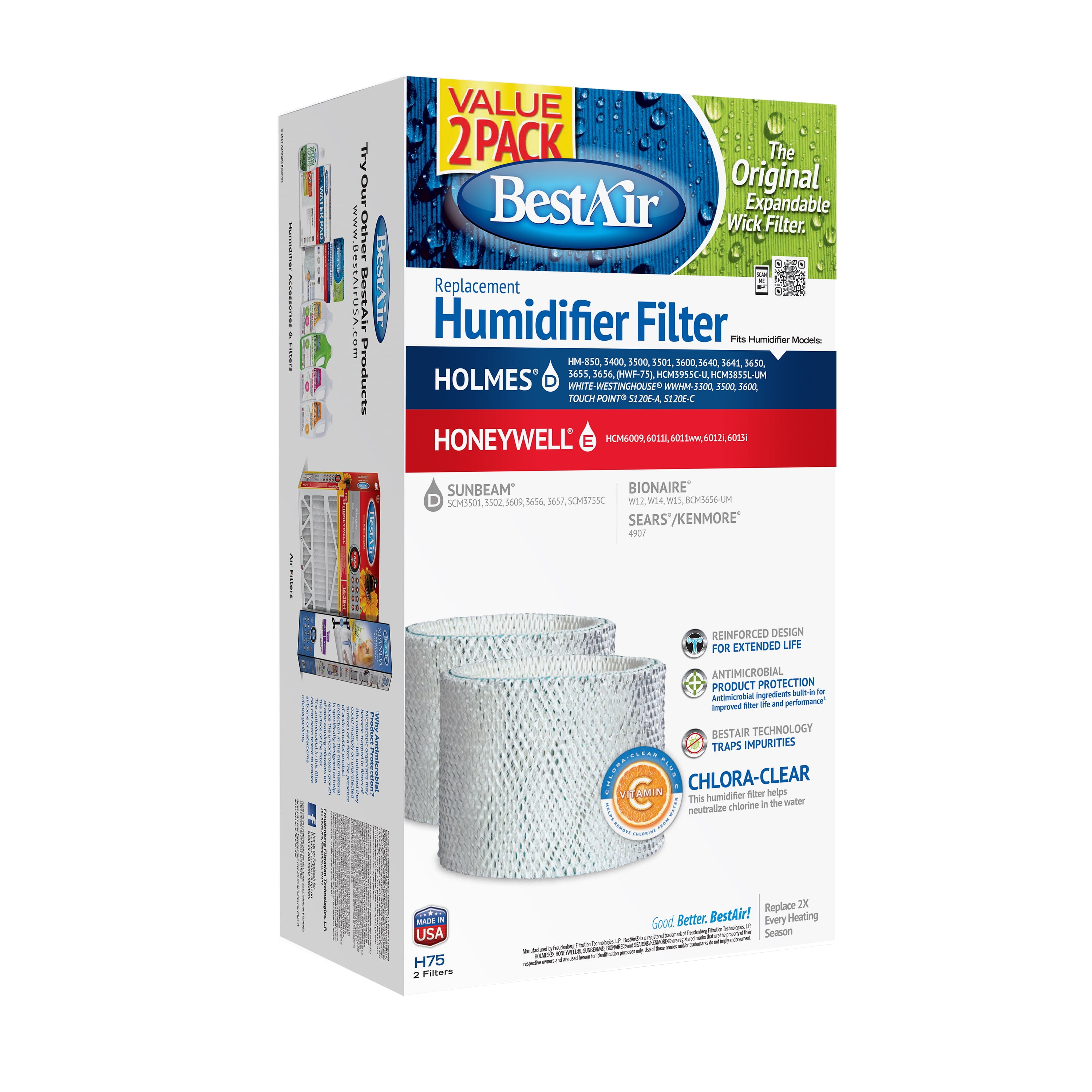 BestAir® H75, 2 Pack Extended Life Humidifier FILTERS Replacement Wick ...