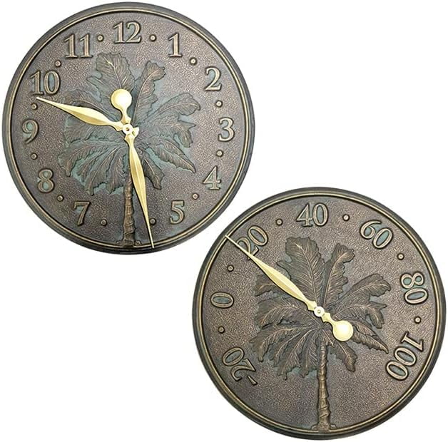 BestNest Whitehall Palm Tree Clock & Thermometer Set, Bronze Verdi, 16 ...