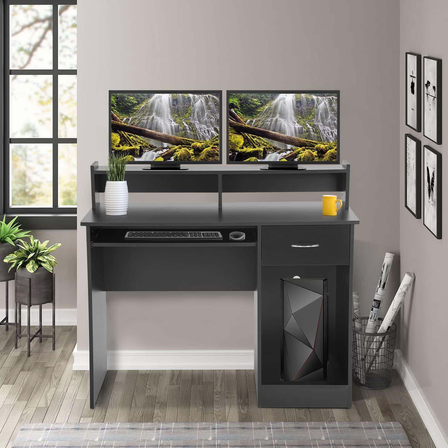 "BestOffice 43"" Black Desk with Drawers, Keyboard Tray & Shelves ...