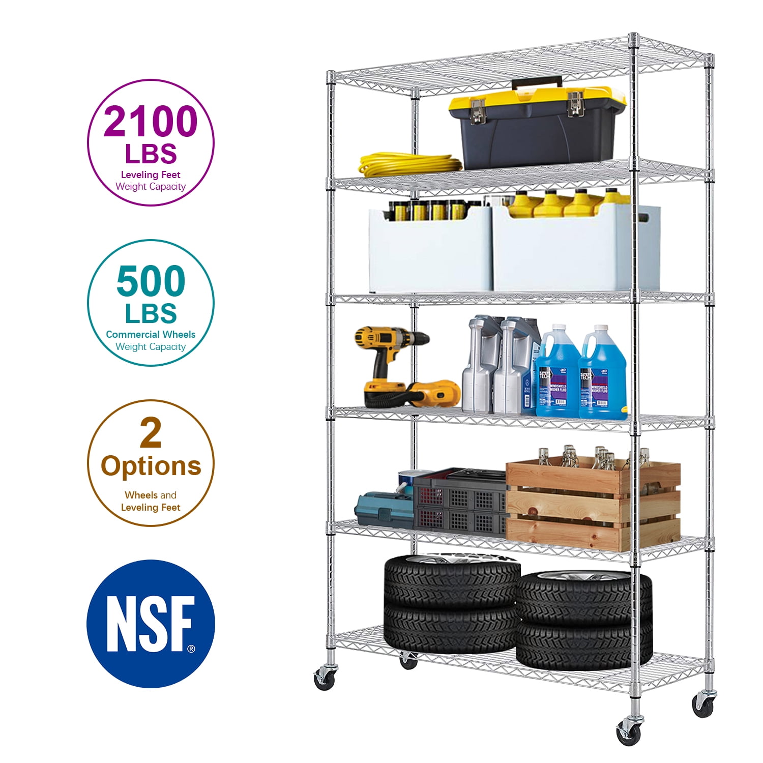 BestOffice 6 Tier Wire Shelving Unit, Rolling Storage, 2100LBS ...
