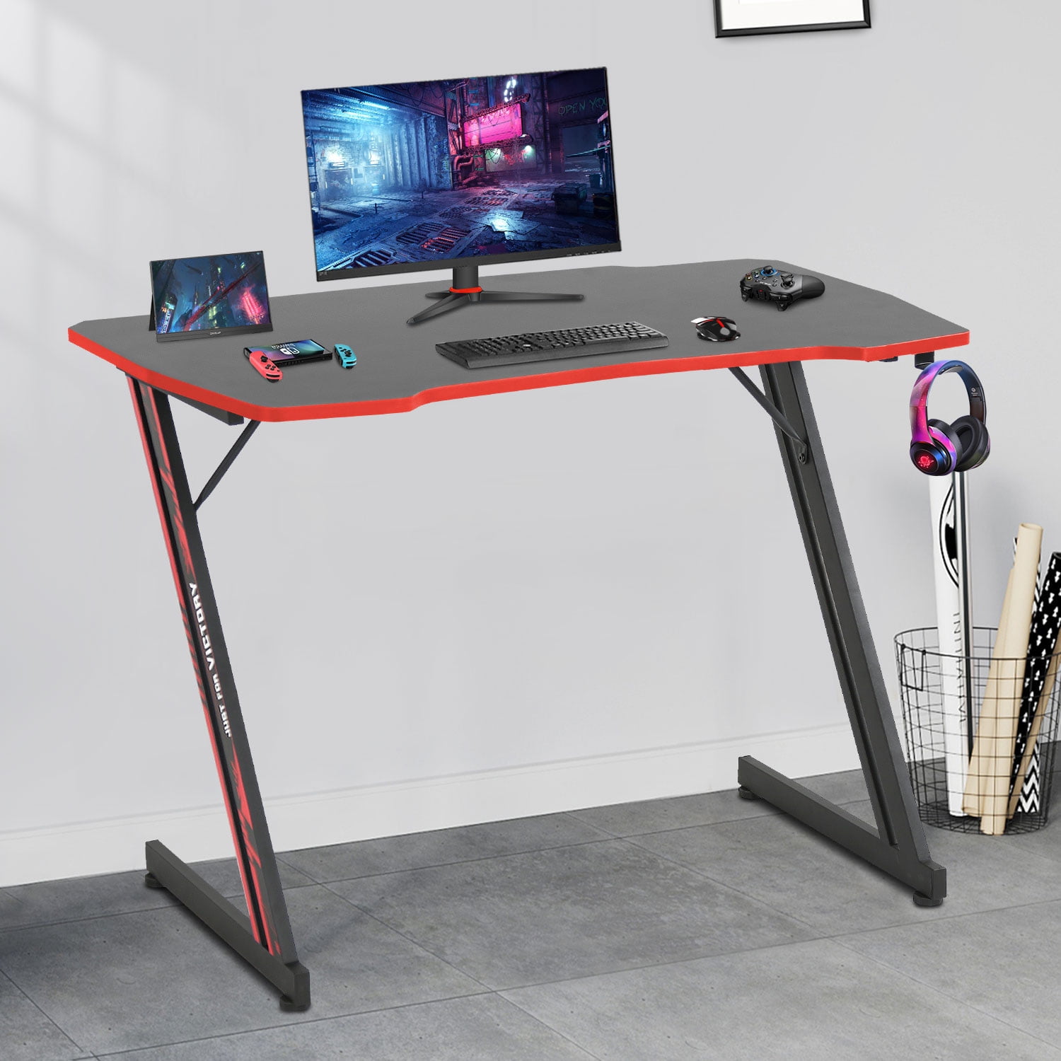 BestOffice Z Shape Gaming Desk, Red, Durable Workstation with Headphone ...