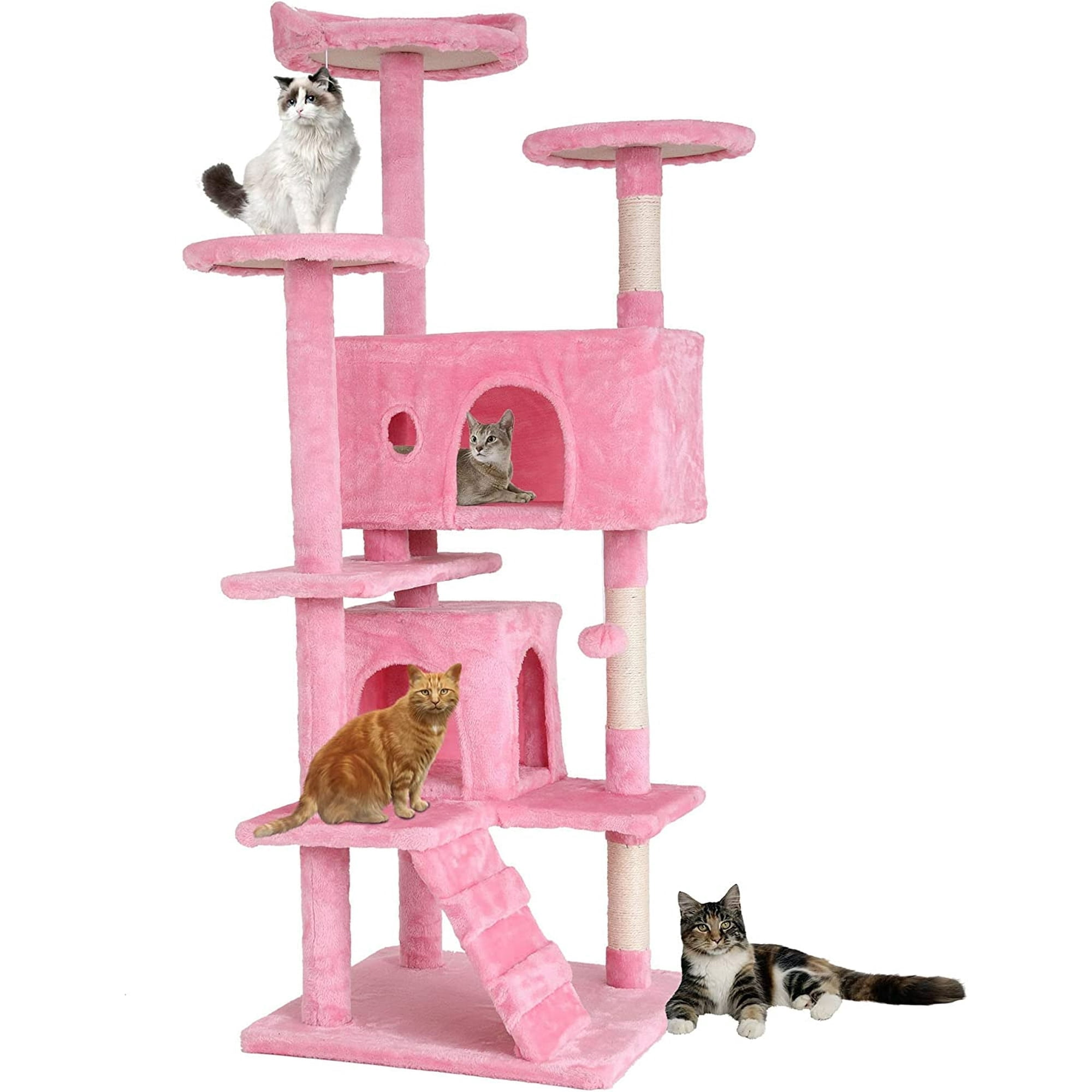 Bestpet 54in Cat Tree, Pink Faux-Fur Activity Center with Scratching ...