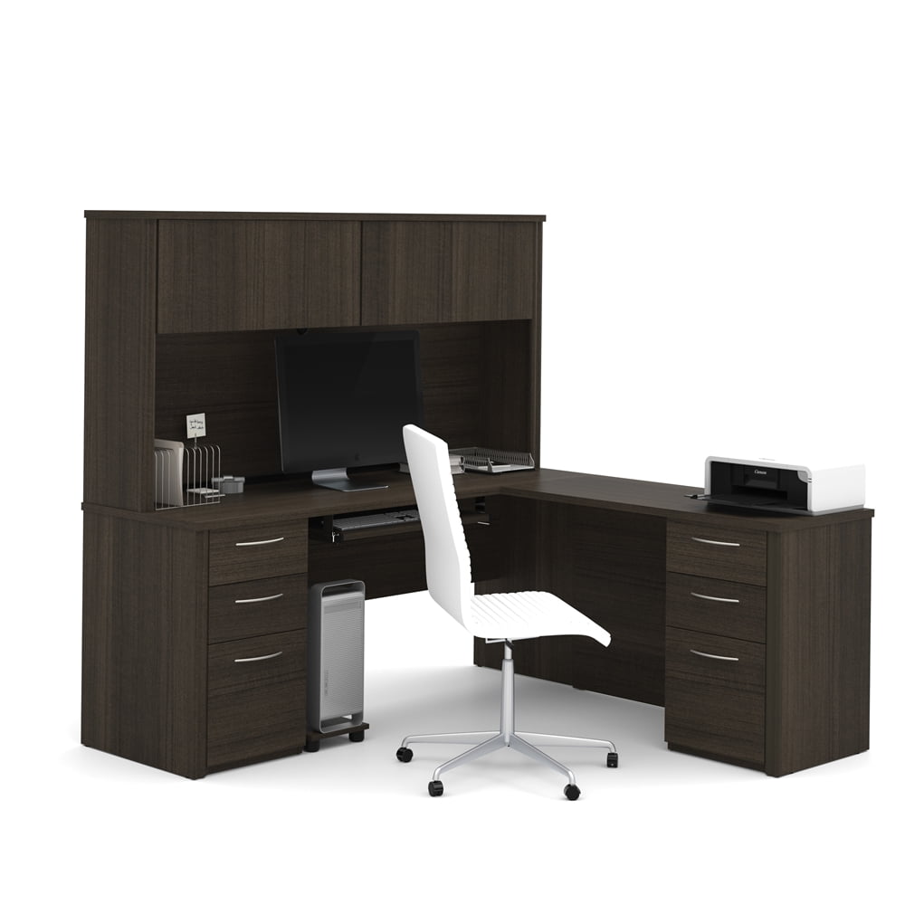 Bestar Embassy Office L-Desk with Hutch, Drawers, Storage, Wood in Dark ...
