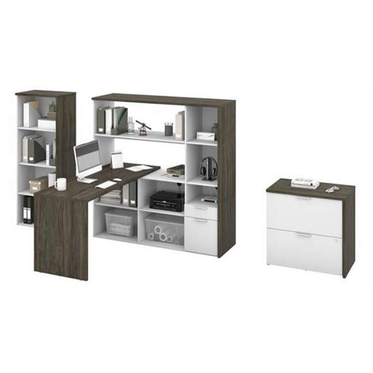 Bestar Gemma L-Shaped Desk With Hutch, Lateral File Cabinet And Bookcase, Walnut Gray/White ...