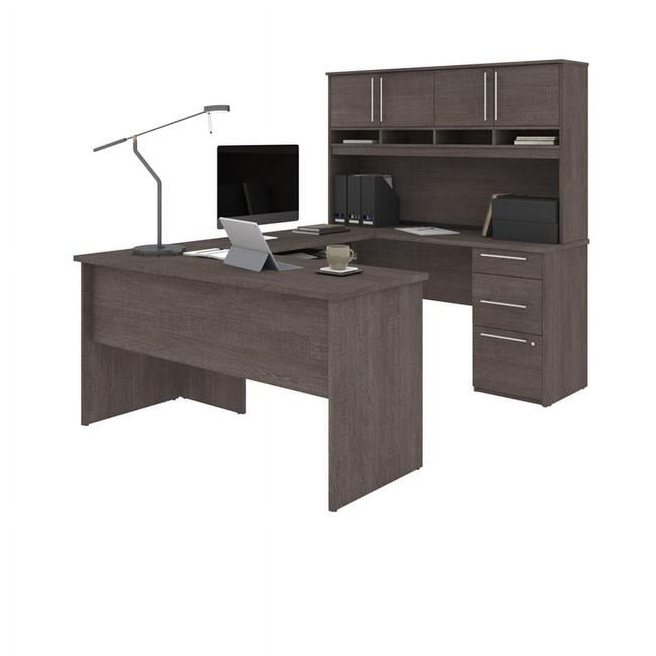 Bestar Innova Wooden Configurable Computer Desk with Hutch in Bark Gray ...