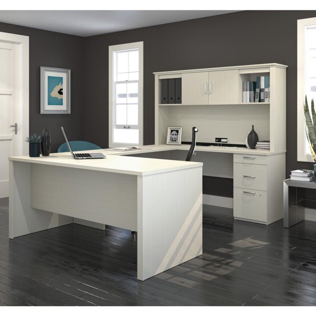 Bestar Logan Large Office U-Shape Computer Desk with Drawers and Hutch ...