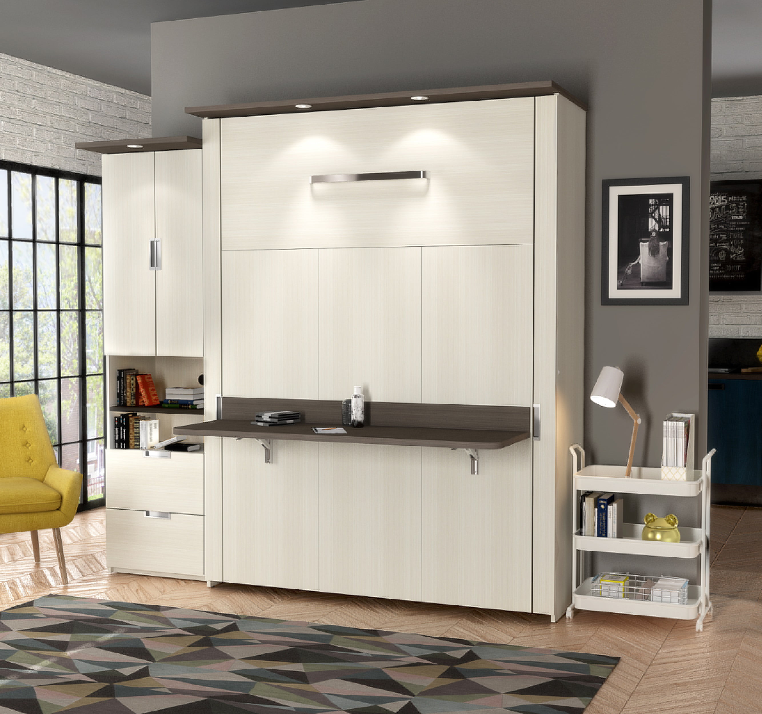 Bestar Lumina Queen Size Murphy Wall Bed with Mounted Storage Cabinet ...