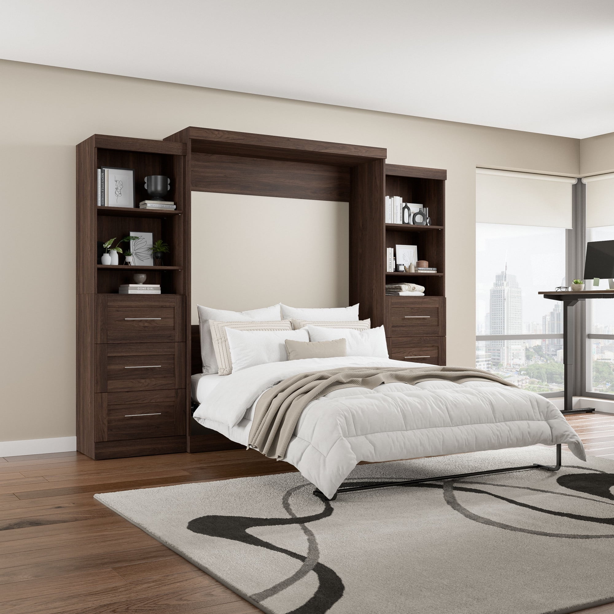Bestar Pur Queen Murphy Bed and 2 Shelving Units with Drawers (115W ...