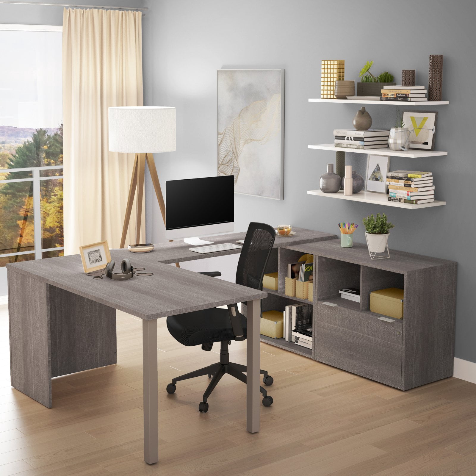 Bestar i3 Plus U Shape Computer Desk in Bark Gray - Walmart.com