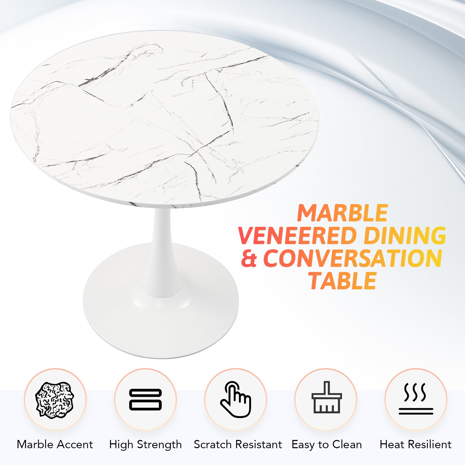 Bestco 32-Inch White Marble Kitchen & Dining Round Table with Tulip ...