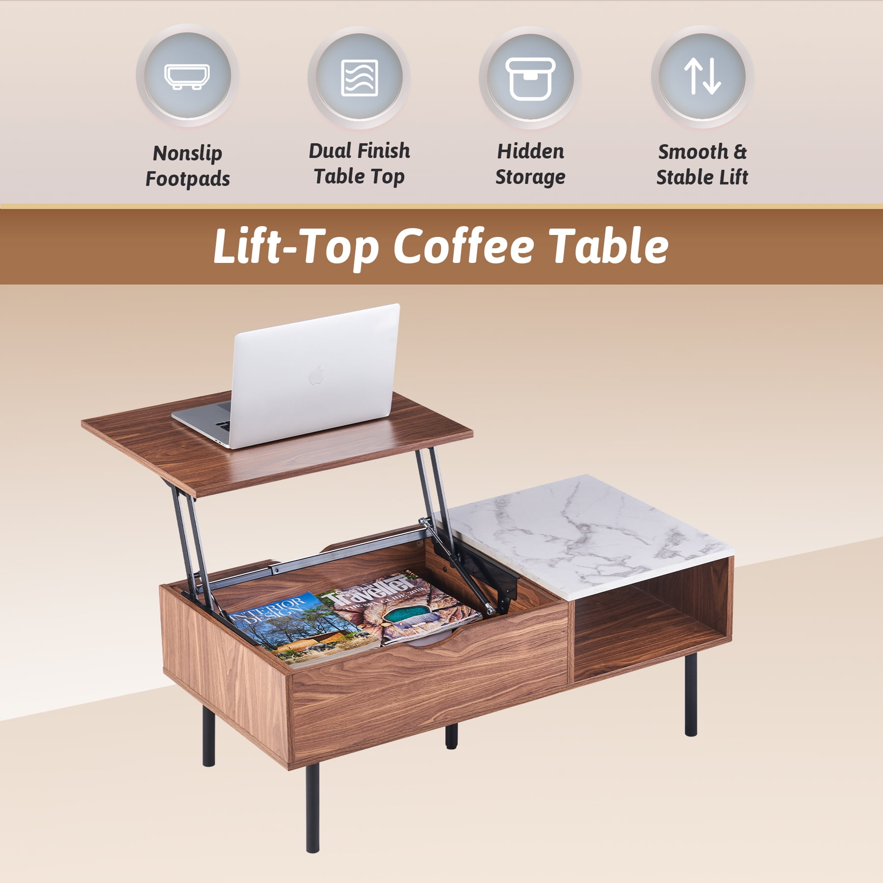 Bestco 39" Pop Up Coffee Table w Rising Desktop Under Shelf and Hidden ...