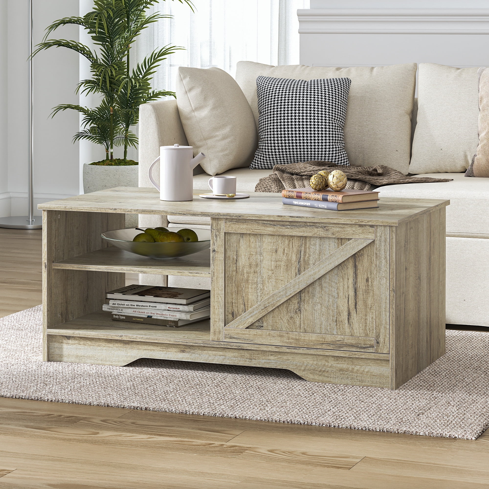 Bestco 42 in Farmhouse Coffee Table with Sliding Door, Rustic Coffee ...