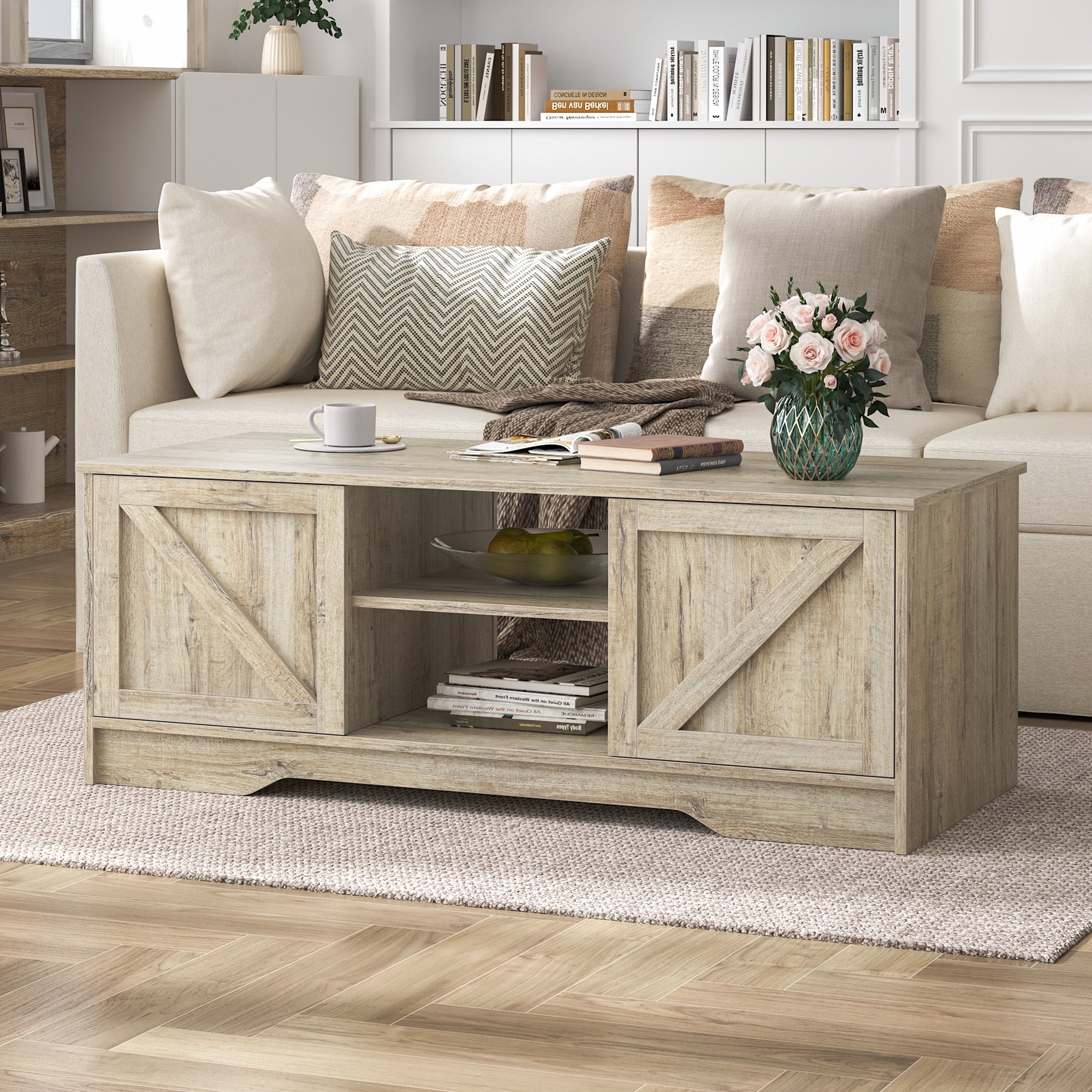 Bestco 47" Farmhouse Coffee Table with Sliding Doors Rustic Center ...