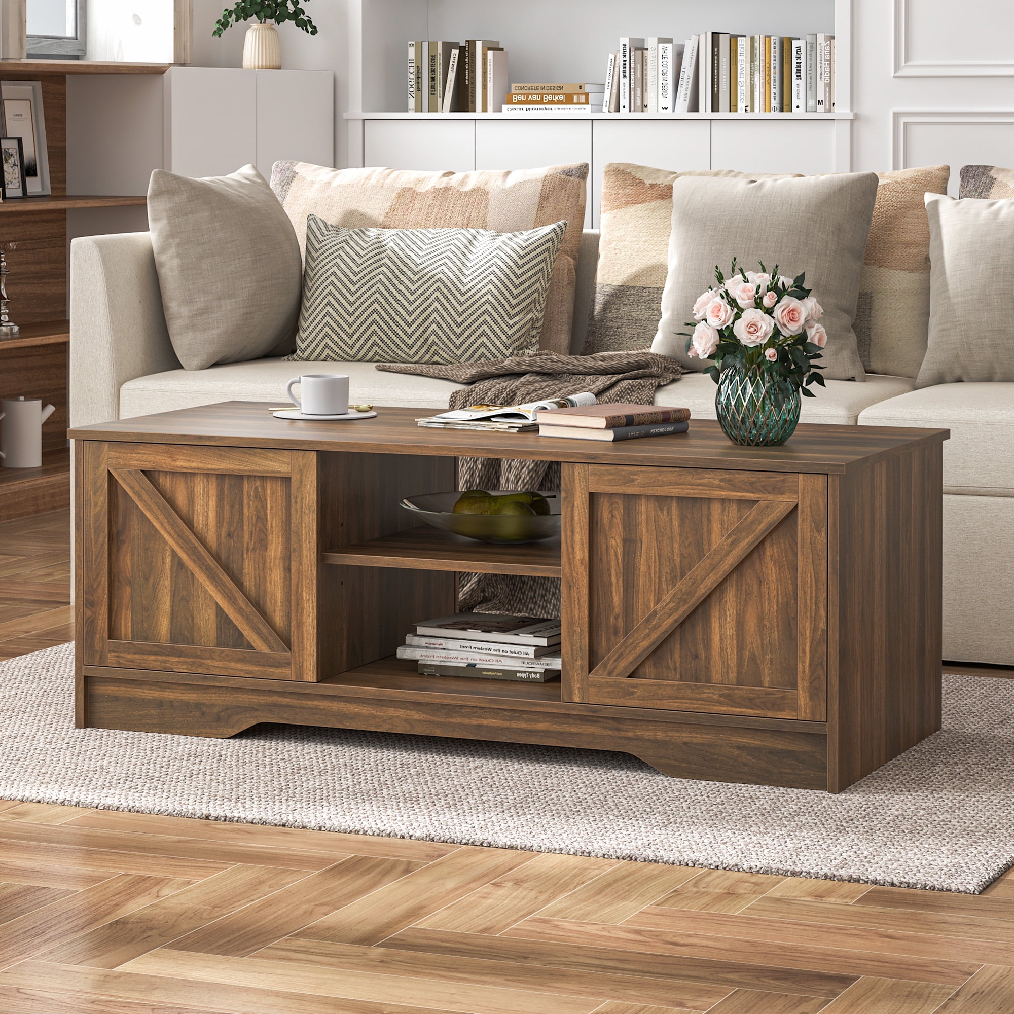Bestco 47" Farmhouse Coffee Table with Sliding Doors Rustic Center ...