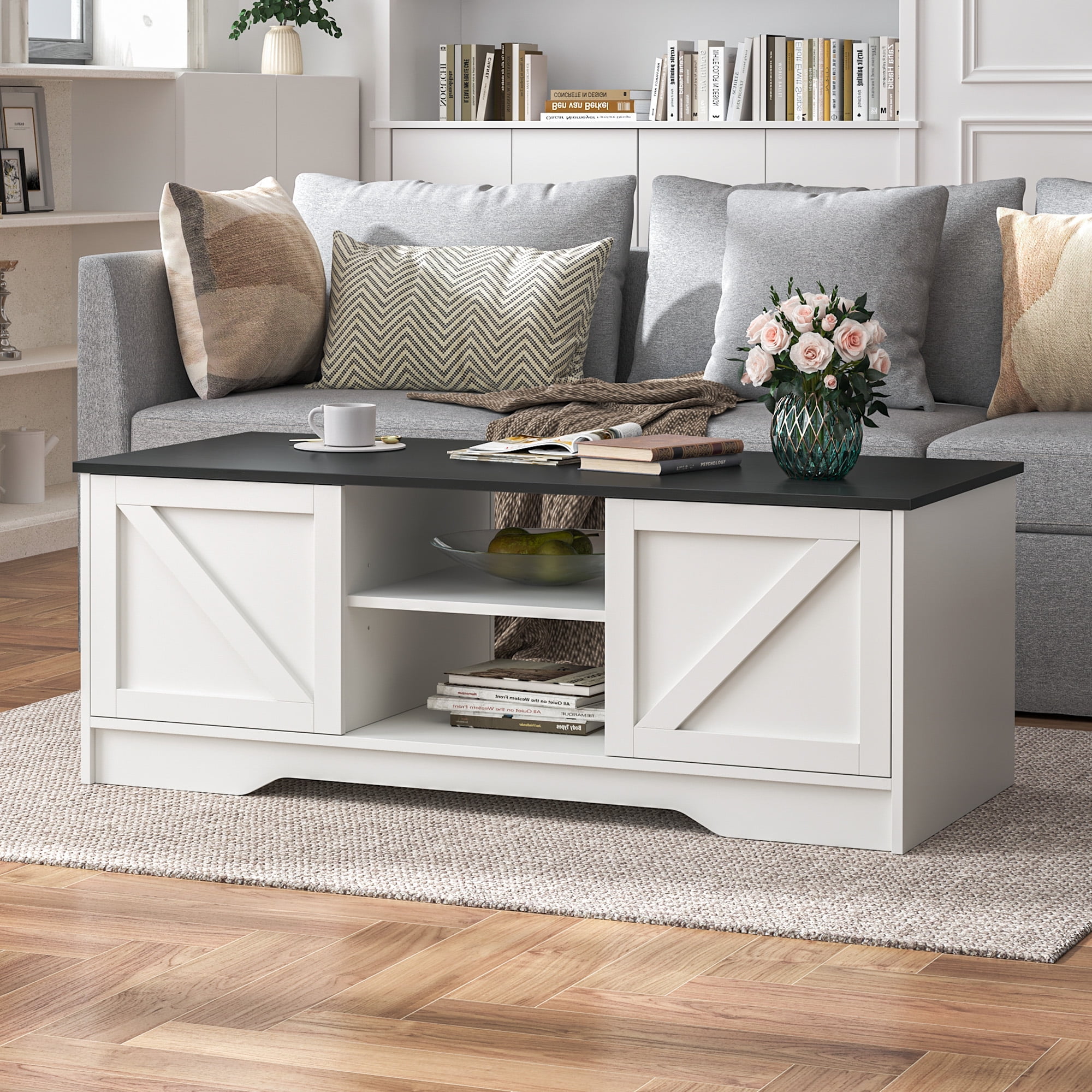 Bestco 47" Farmhouse Coffee Table with Sliding Doors Rustic Center ...