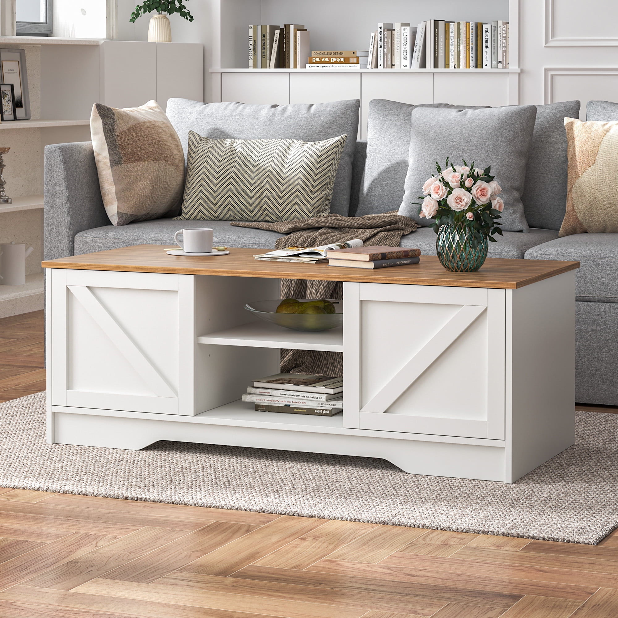 Free Shipping! Bestco 47" Farmhouse Coffee Table with Sliding Doors ...
