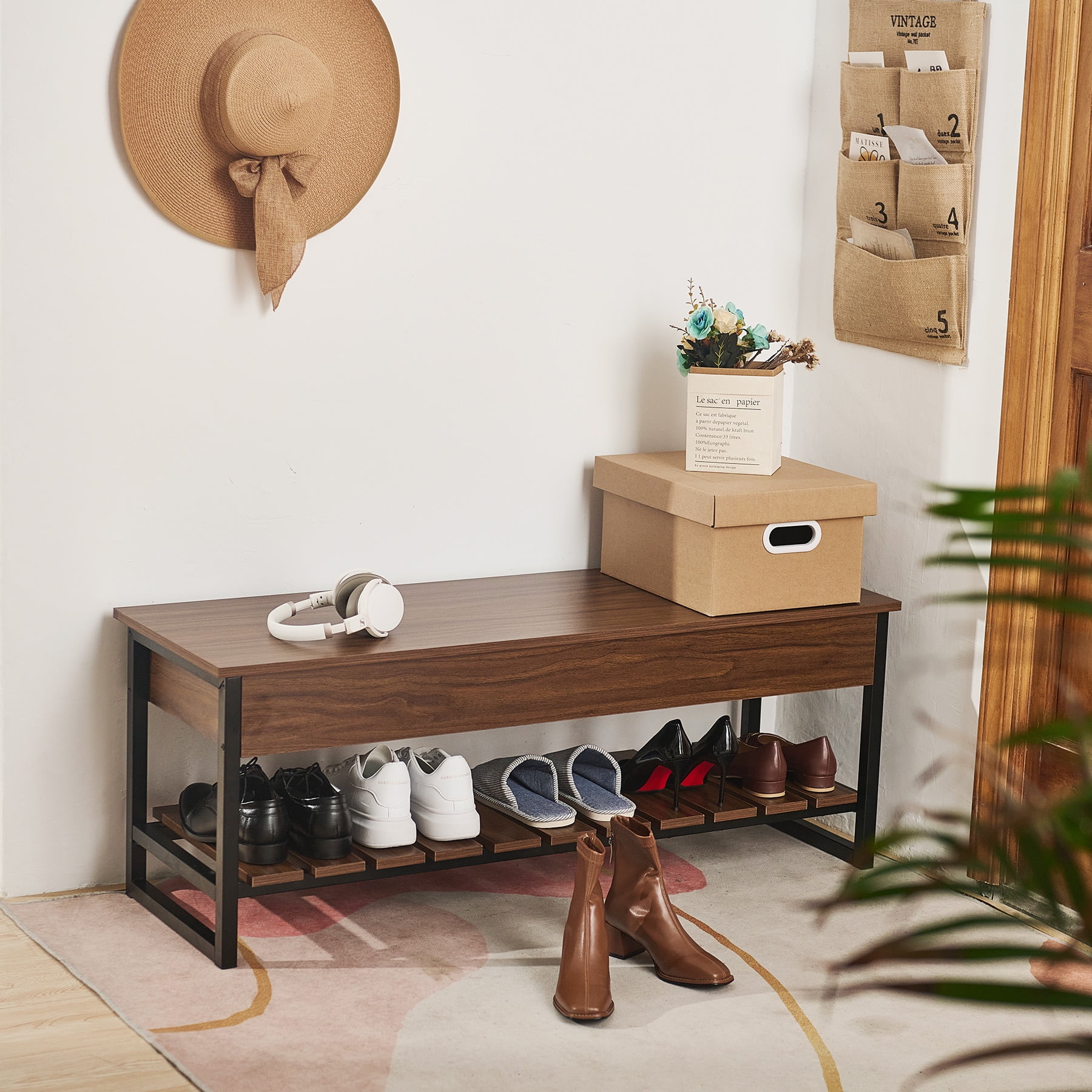 Bestco 47" Shoe Storage Bench with Seat & Shoe Rack Farmhouse Furniture ...