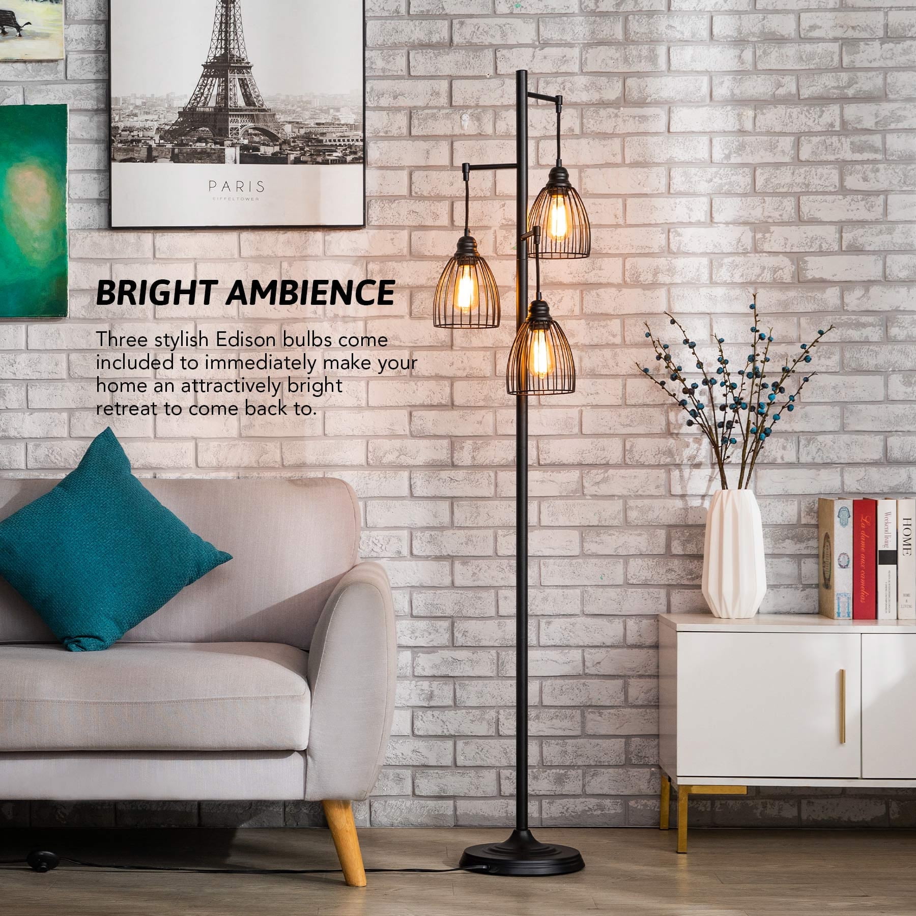 Bestco 67" Industrial Floor Lamp with 3 Hanging Lights, LED Bulbs ...