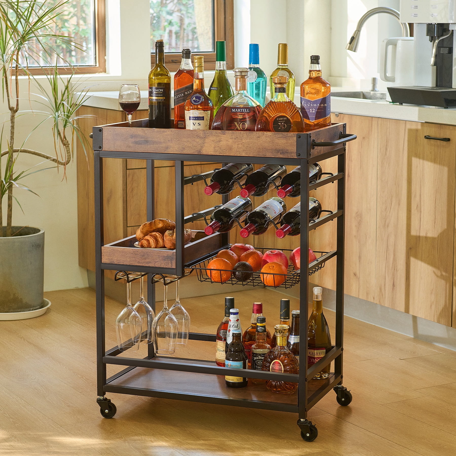 Bestco Mobile Cart with 3 Tiers Trays Wine Rack Storage Basket ...