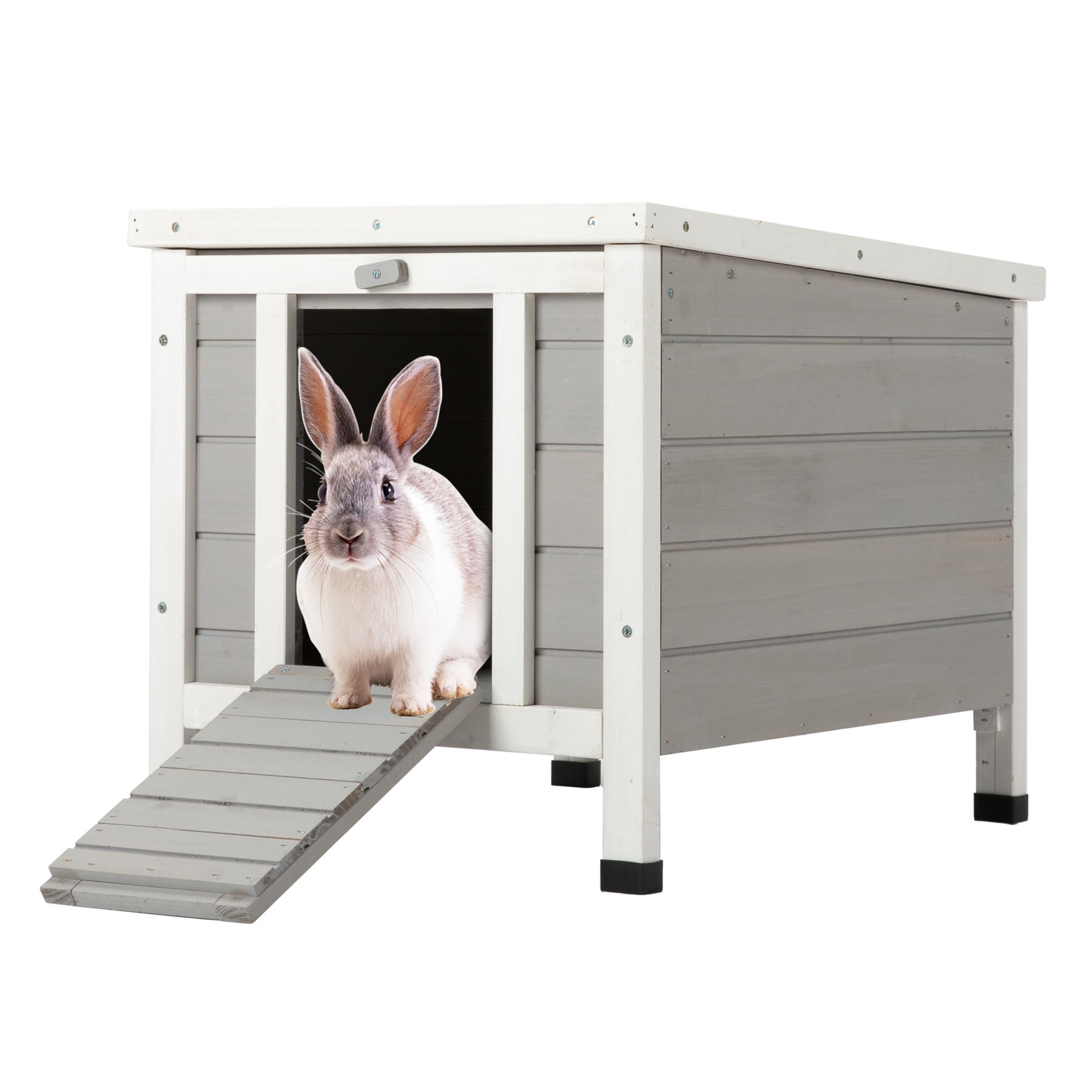 Bestco Raised Weatherproof Rabbit Hutch w/ Ramp, Outdoor Wooden House ...