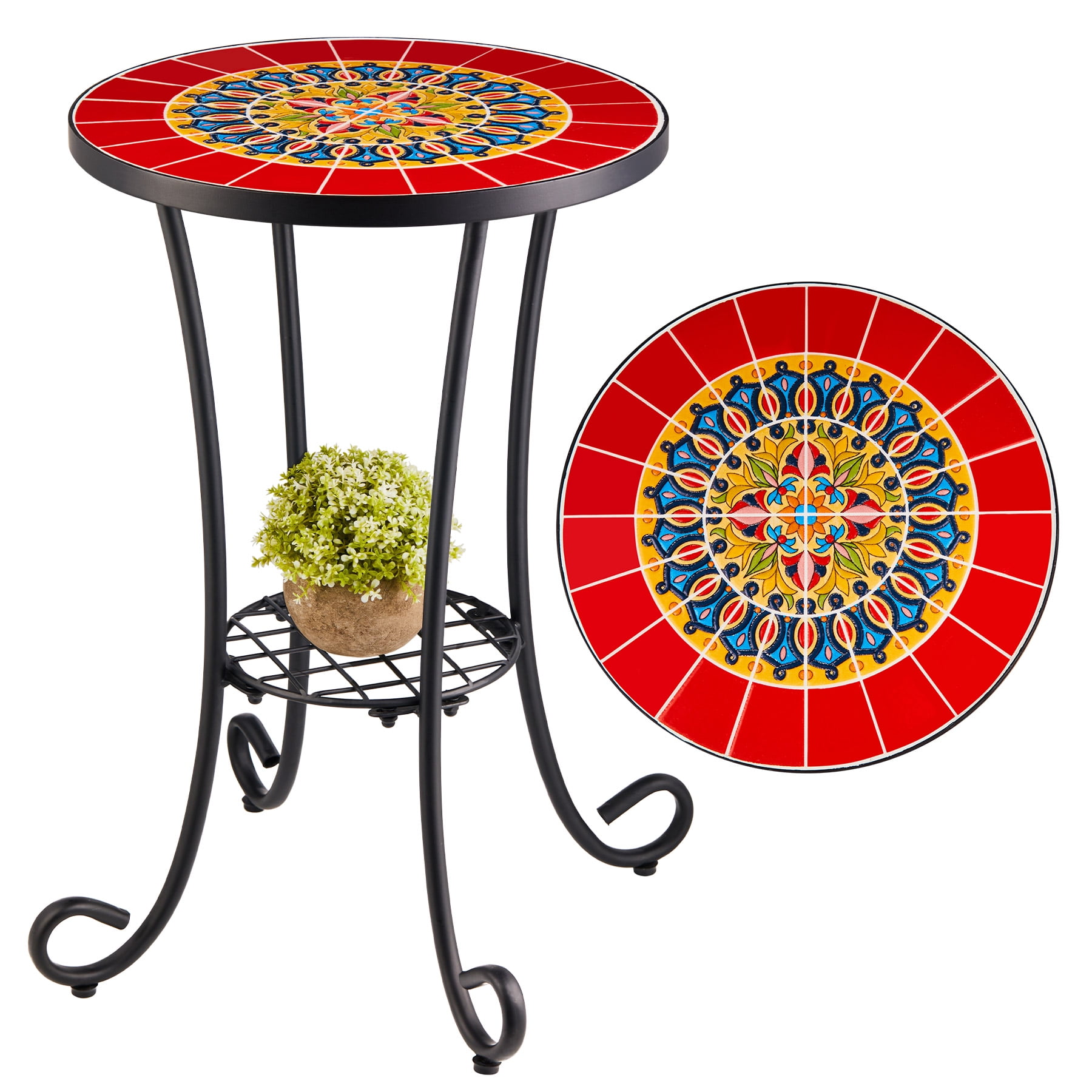 Bestco Outdoor Side Table with 14" Mosaic Tile Tabletop, Shelf & Curved ...
