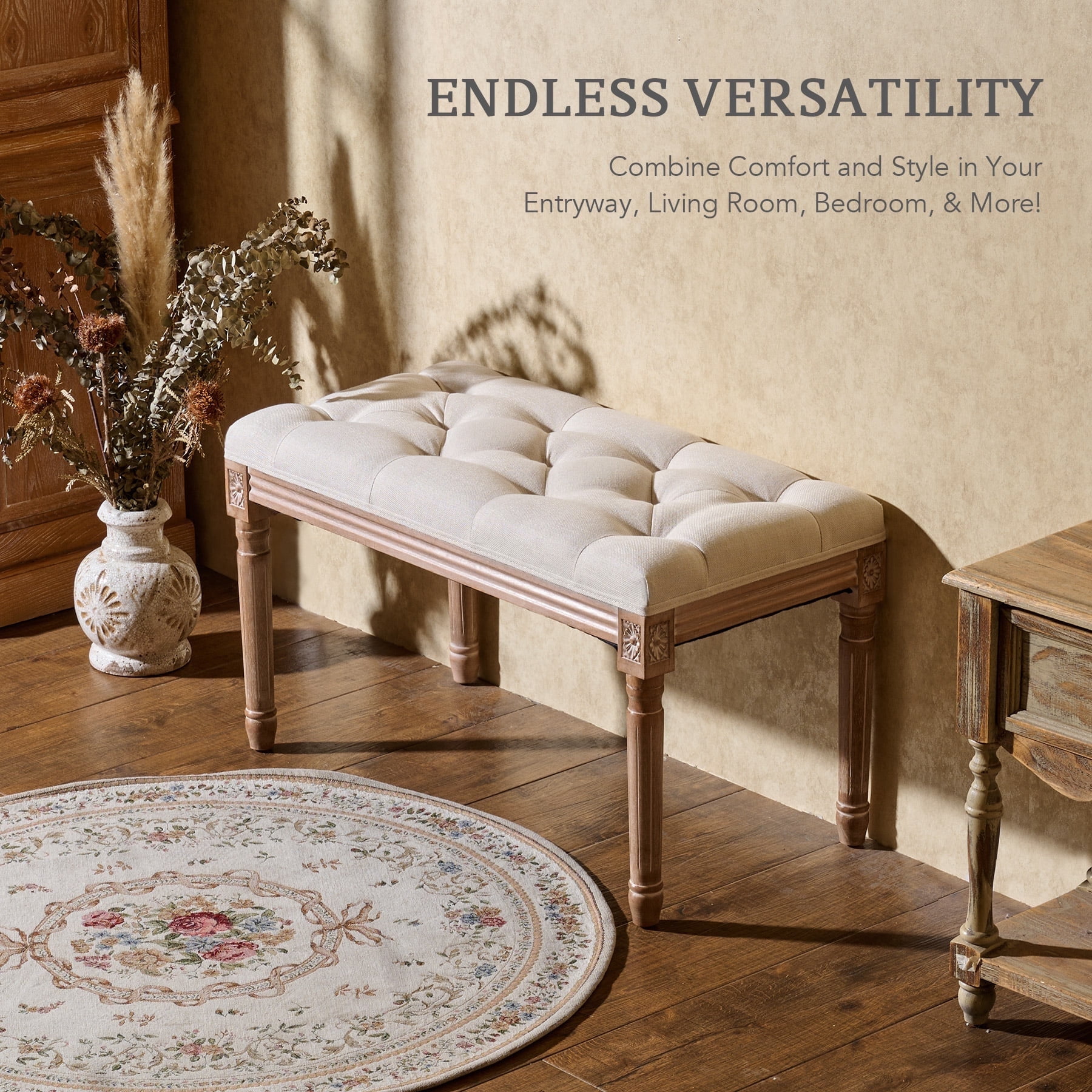 "Bestco 31"" French Style Vanity Bench, Beige Ottoman for Entryway ...