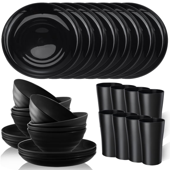 64-Piece Black Wheat Straw Dinnerware Set for 8 - Reusable Plates Bowls ...