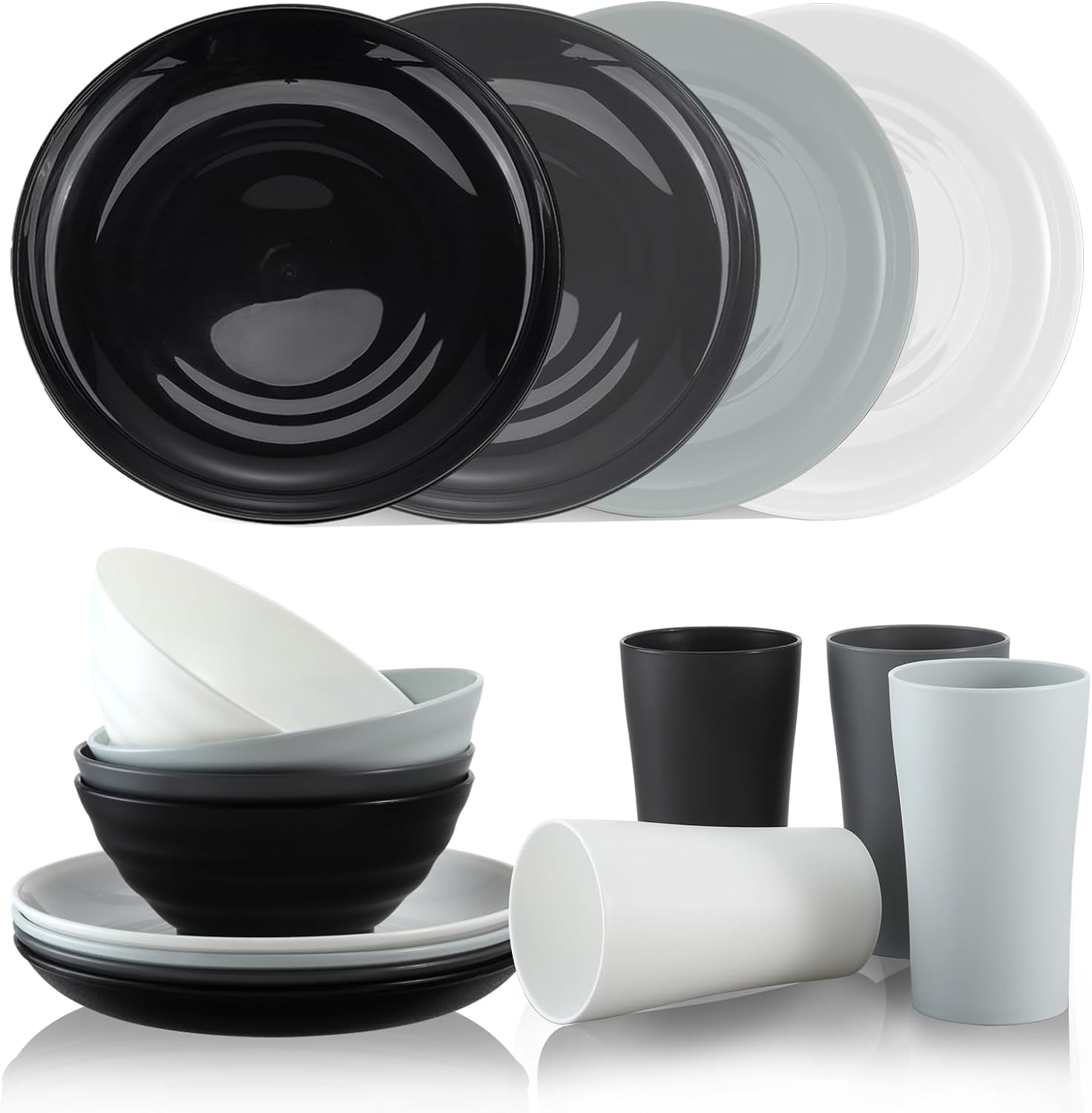 Bestdin Dinnerware Set for 4, 16 Pack 4 Colors Plastic BPA-Free Dinner ...