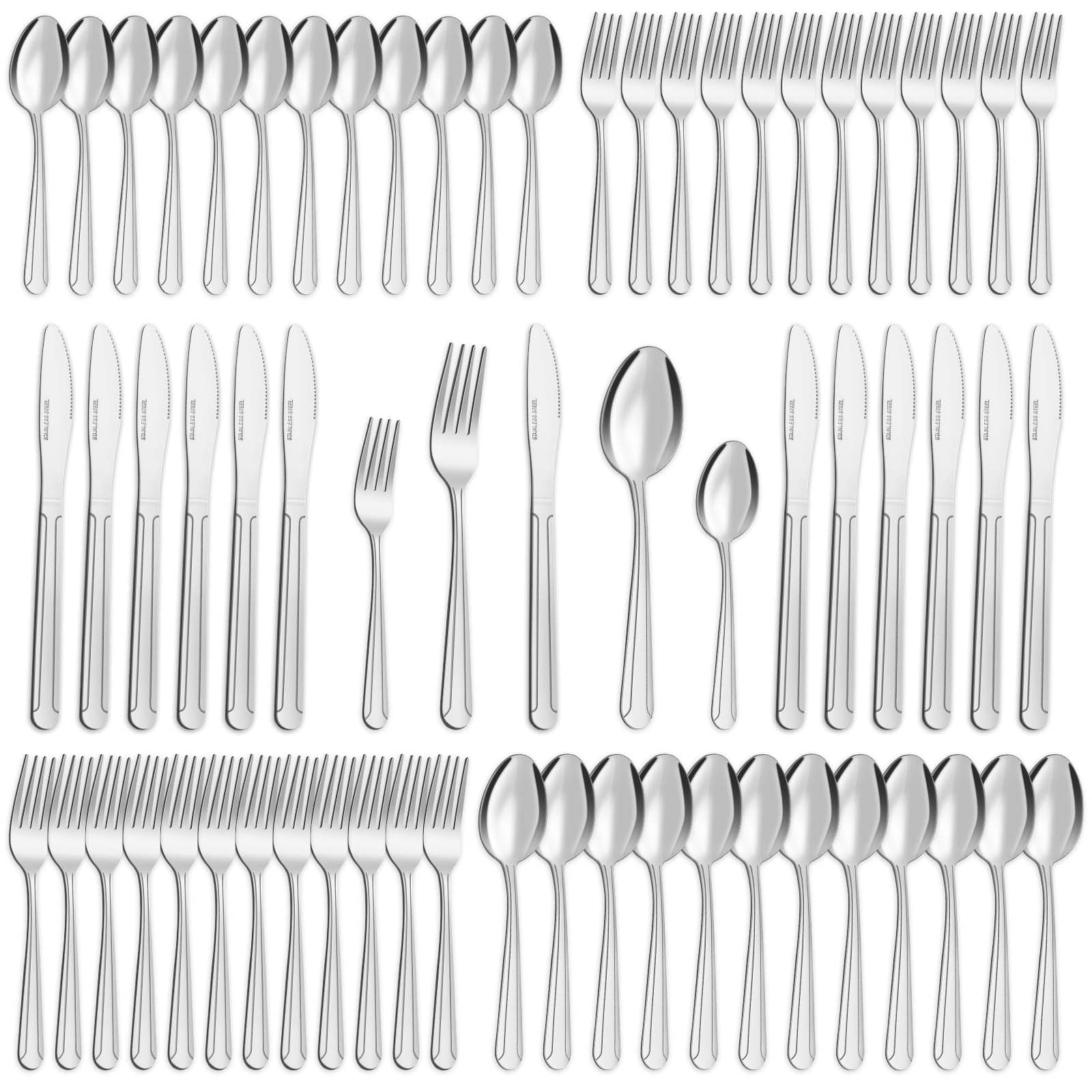 Bestdin Silverware Set for 12, 60-Piece Stainless Steel Flatware ...