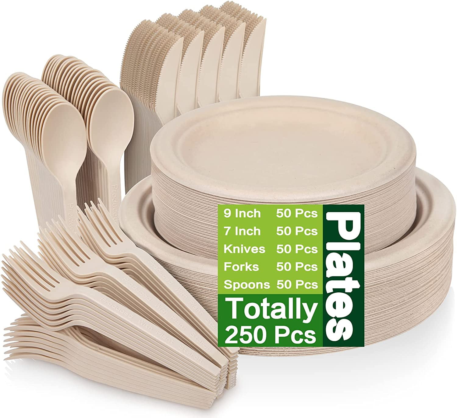 Besteek 250 Piece Compostable Paper Plates Set with Extra Long Utensils ...