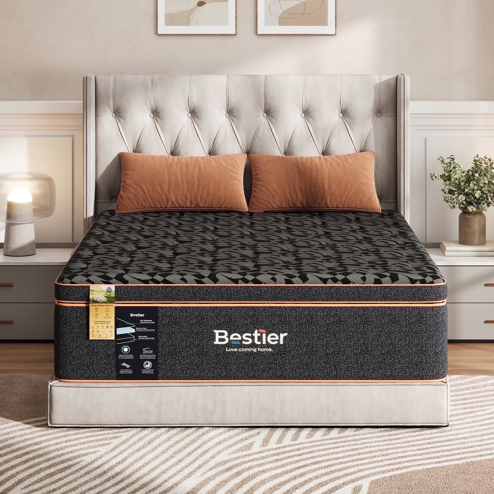 Bestier 14 Inch Organic Wool Memory Foam Mattress with Plush Detachable ...