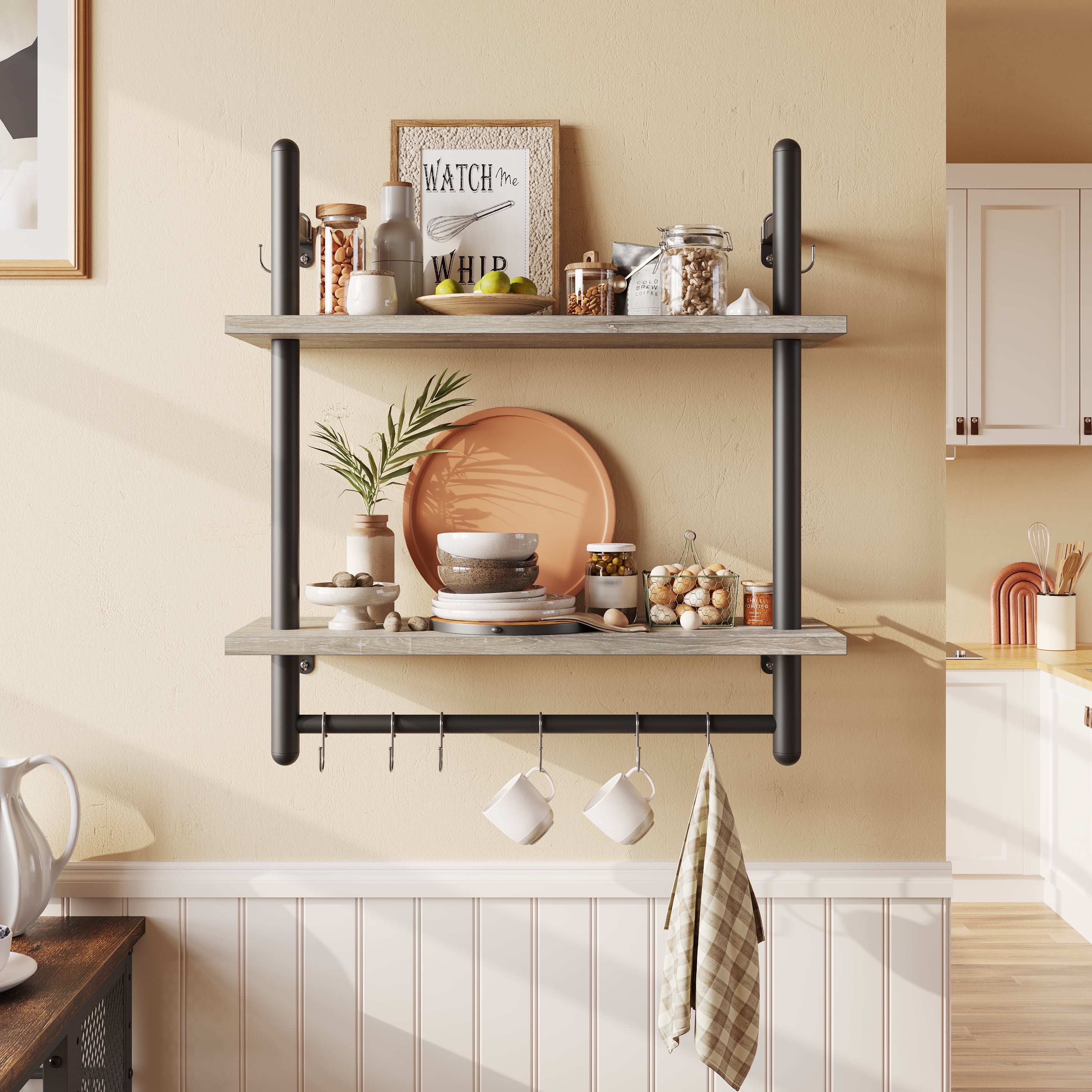 "Bestier 24"" Industrial 2-Tier Wall Shelf, Wood/Metal, Kitchen ...