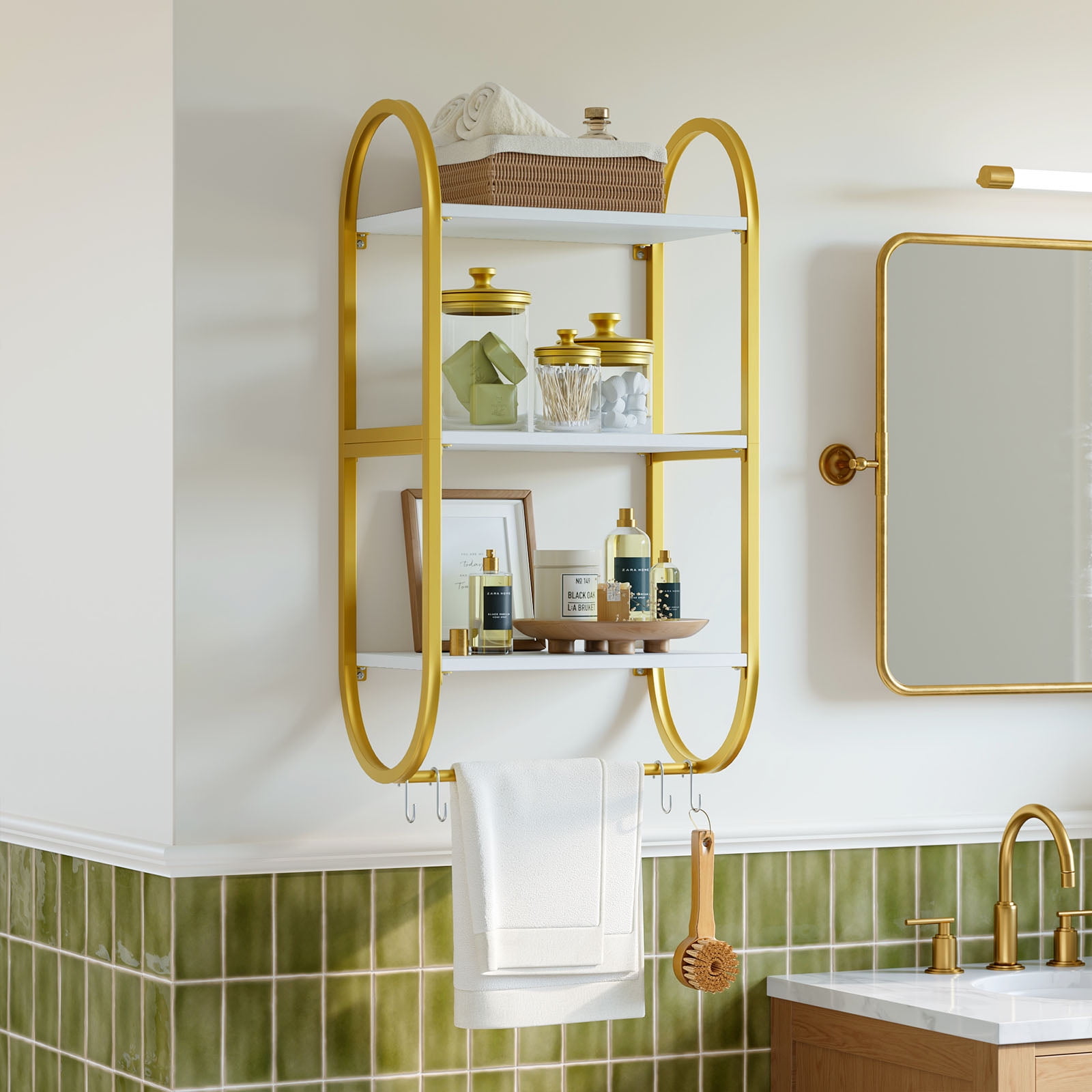 Bestier 3-Tier Oval Wall Shelf with Towel Rack, Hooks, Floating Storage ...