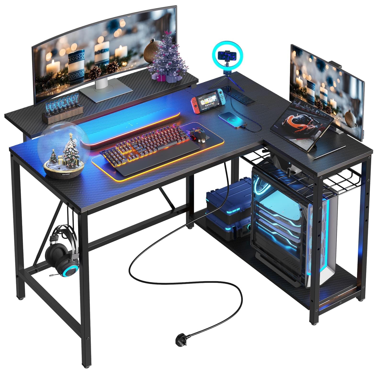 Bestier 42" L - Shaped Gaming Desk: Equipped with Power Outlets, LED ...