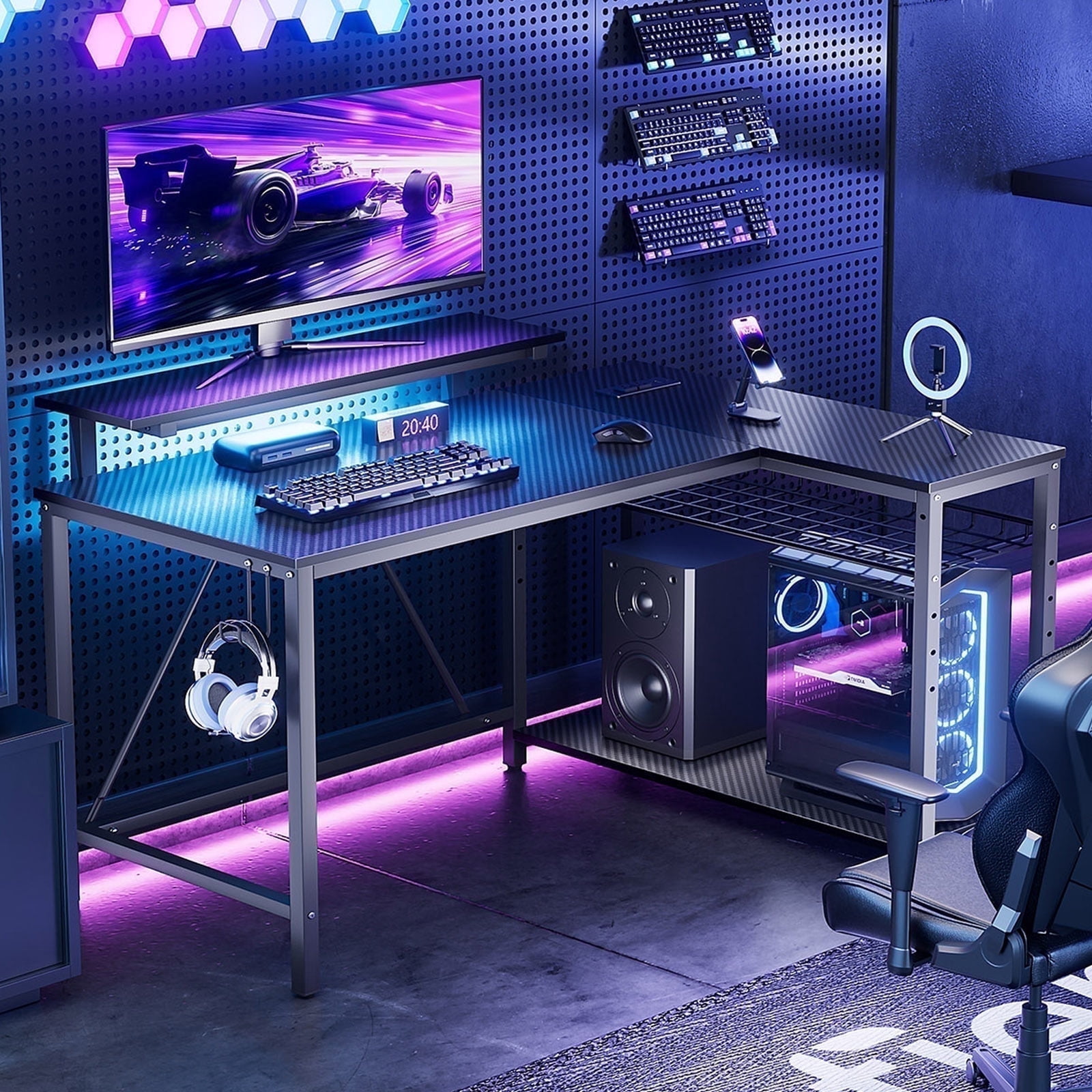 RSPGAME 42" Reversible L-Shaped Gaming Desk with Outlets & LED Lights ...