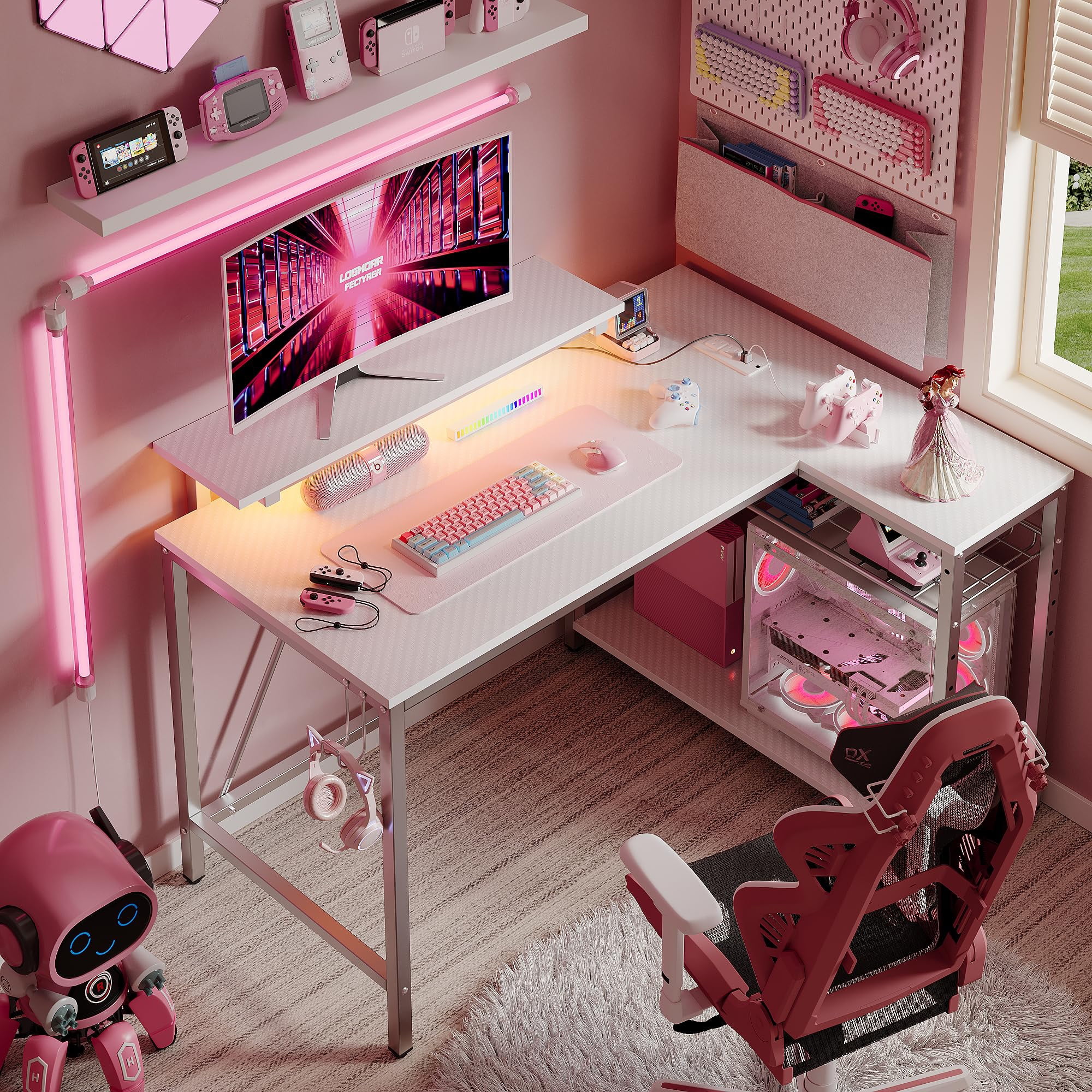 Bestier 42" L - Shaped Gaming Desk: Equipped with Power Outlets, LED ...