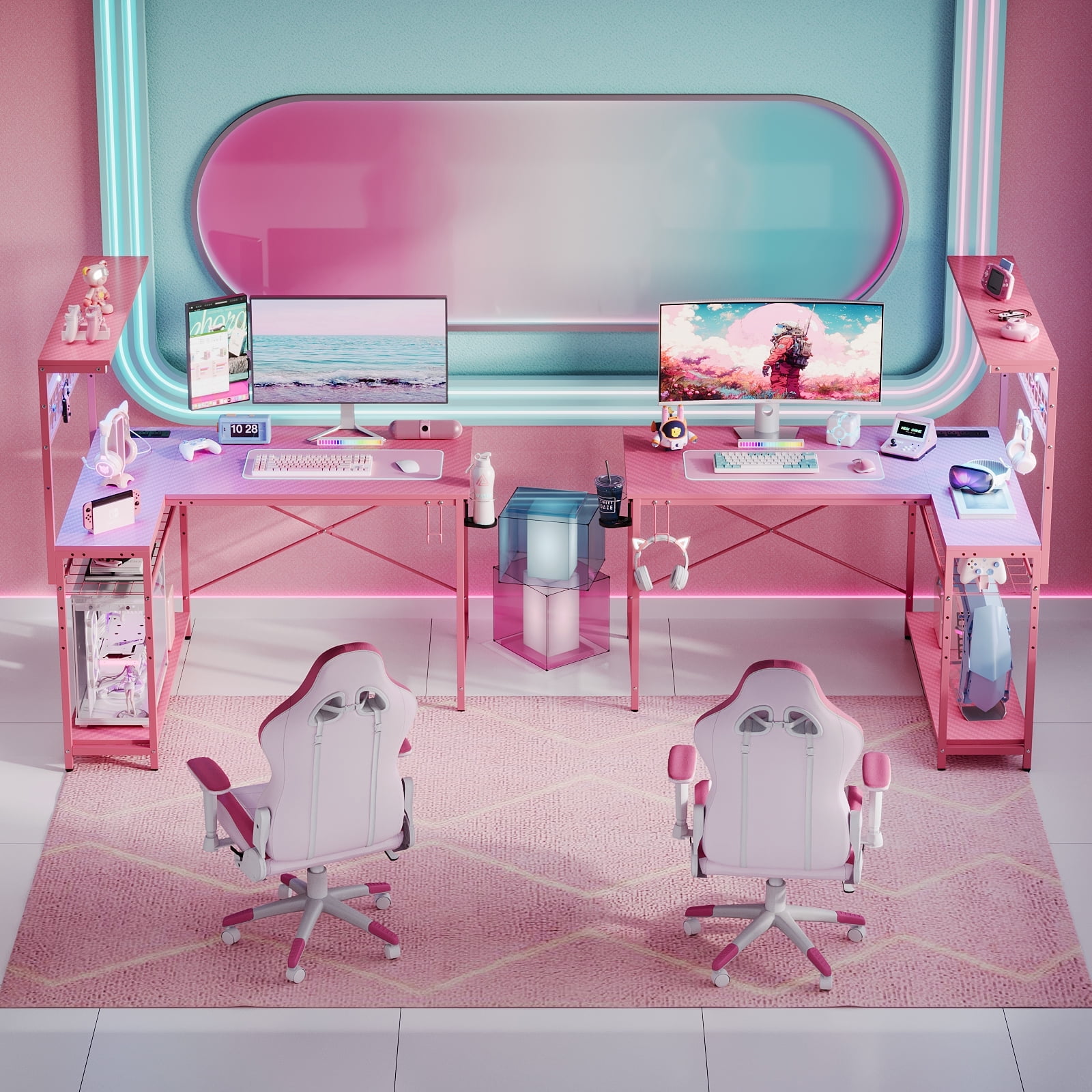 Bestier 42'' L-Shaped Gaming & Office Desk - Pink Design with 4-Tier ...