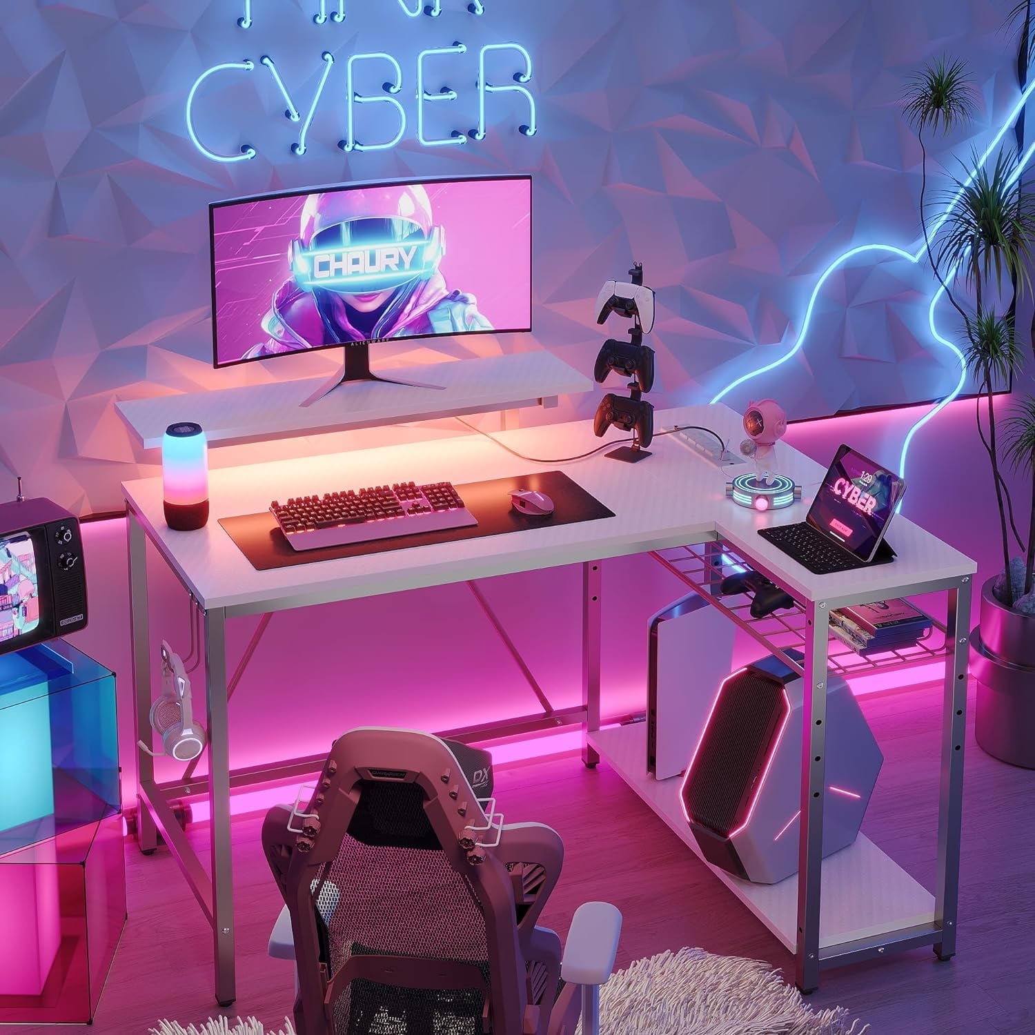 Bestier 42'' L-Shaped Gaming Desk: Power Outlets, LED Light, Reversible ...