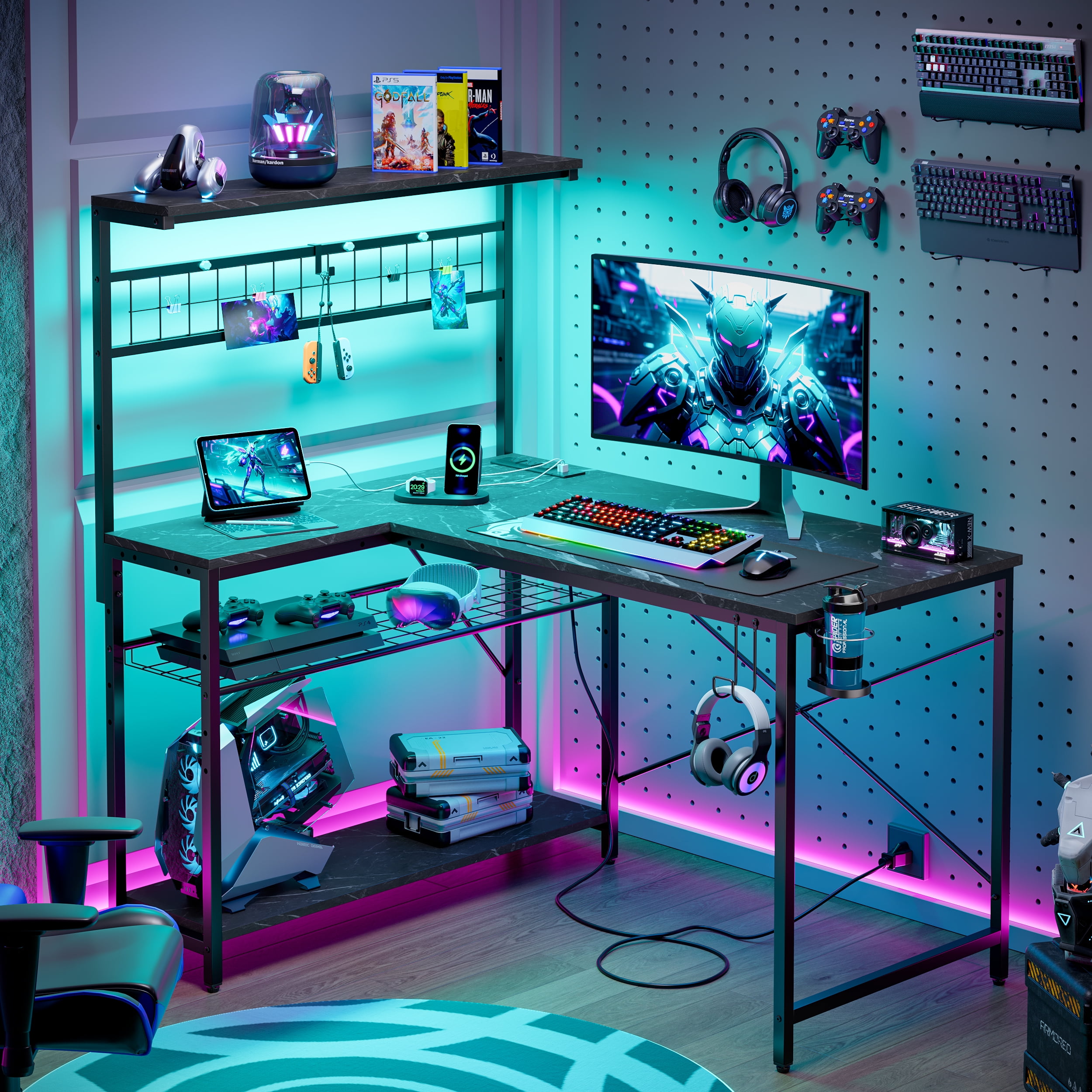 Bestier 42 inch Gaming Desk with LED Lights & Power Outlet, Reversible ...