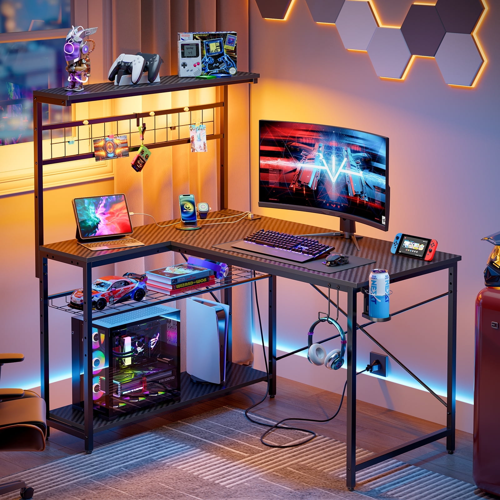 Bestier 42 inch Desk,Gaming Computer Desk with LED Lights & Power ...