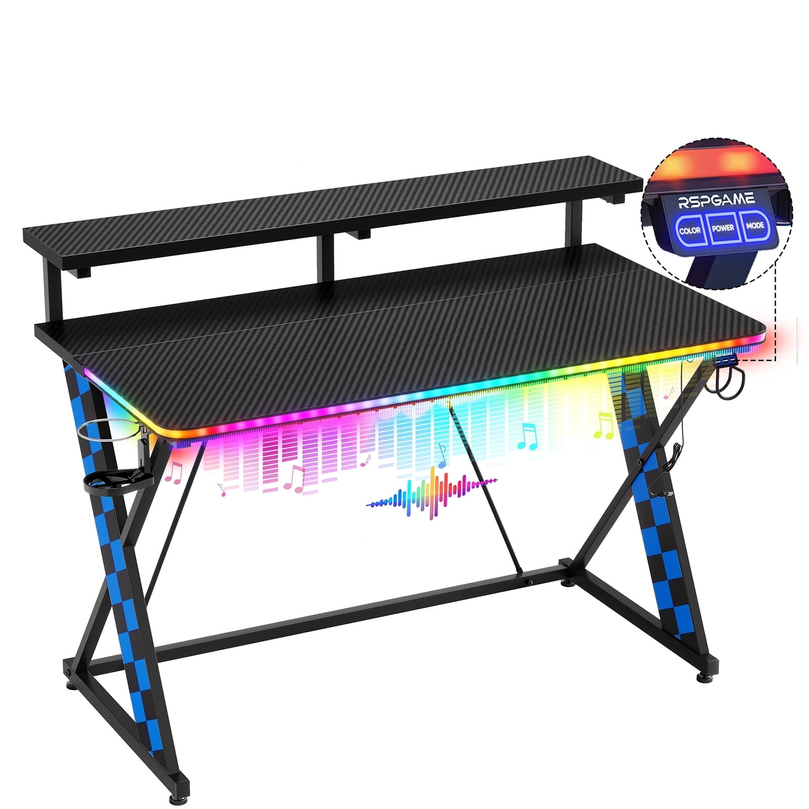 RSPGAME 43" Music Sync LED Gaming Desk,X-Shape Ergonomic Monitor Stand ...