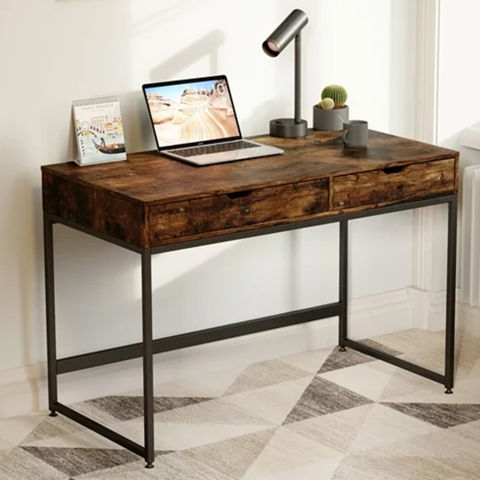 Bestier 43 Inch Computer Desk, 2 Drawers, Metal Frame, Rustic Brown ...