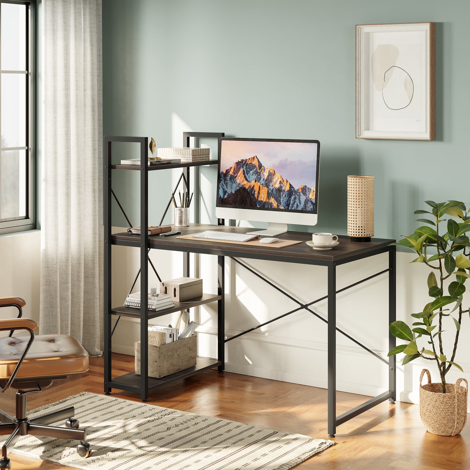 Bestier 47'' Desk with Adjustable Shelves, Reversible Bookshelf, Metal ...
