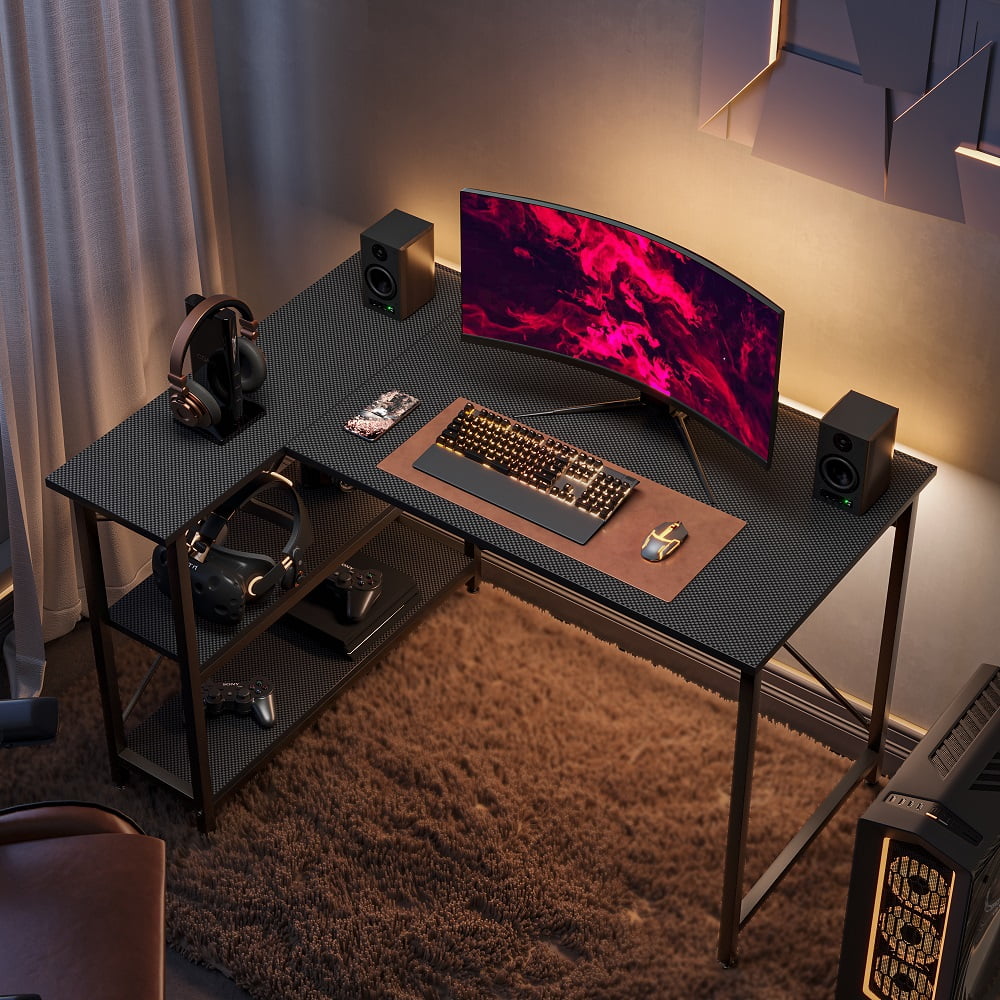 Bestier 47 inch L-Shaped Gaming Desk with Storage Shelves, Carbon Fiber ...