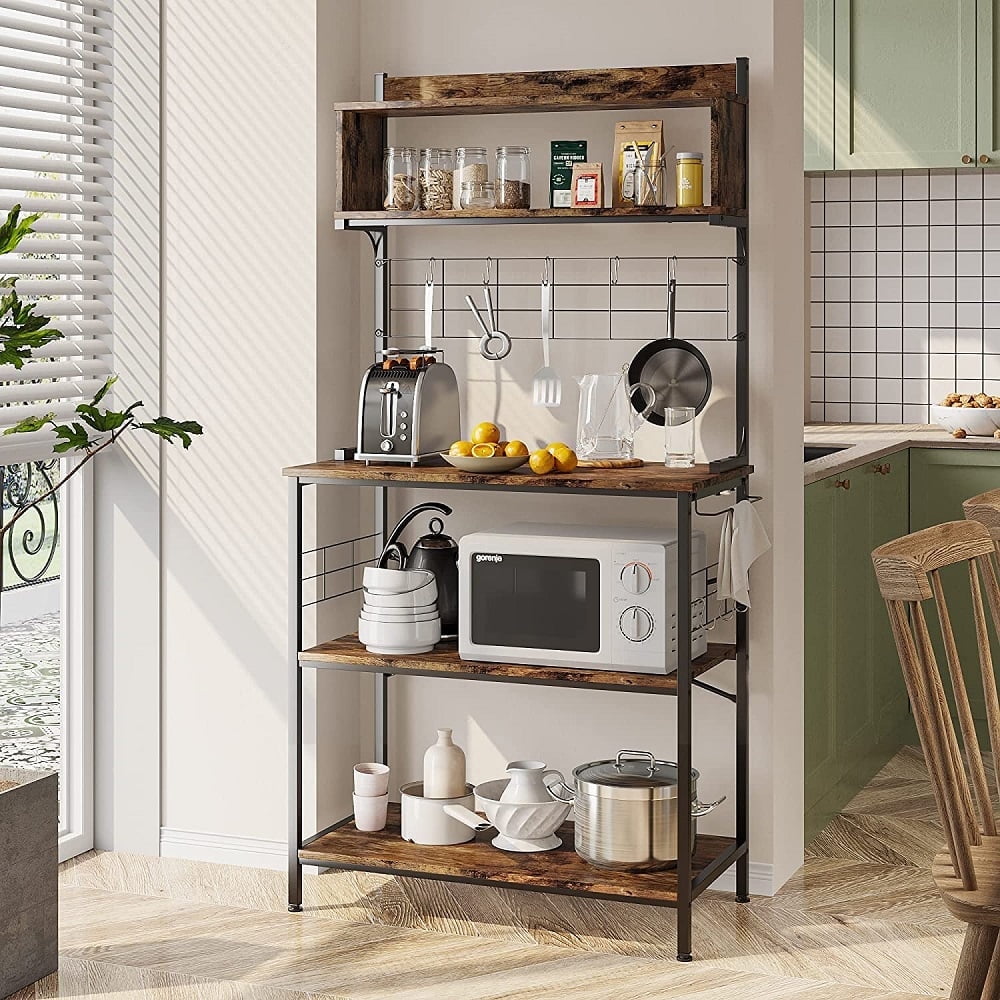 Bestier 5-Tier Kitchen Bakers Rack, Tall Wood & Metal Furniture with 8 ...