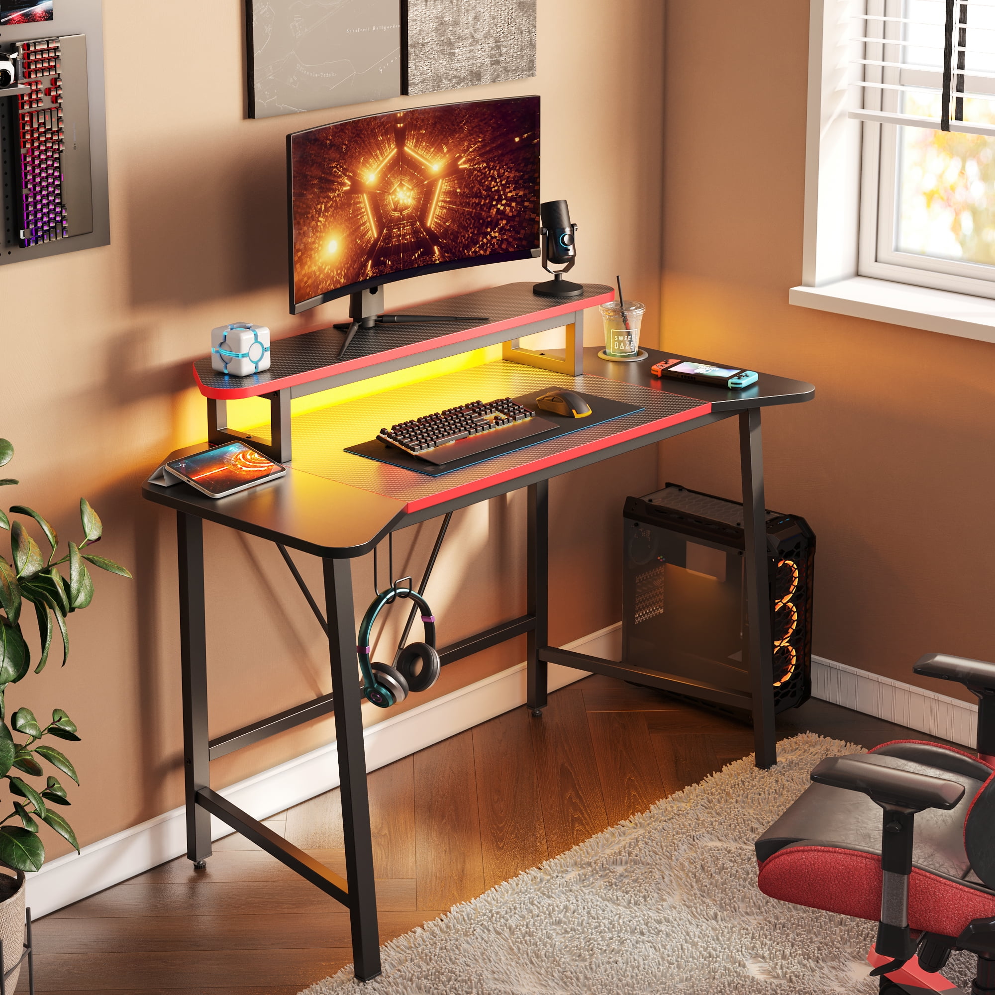 Bestier 50" Gaming Desk Computer Office Table with LED Lights Monitor ...