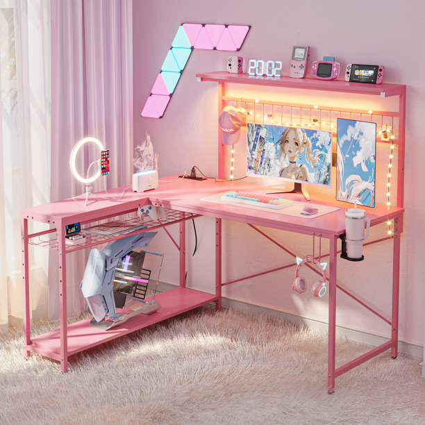 Bestier 51' L-Shaped Desk, Gaming/Workstation w/Power Outlets, LED ...