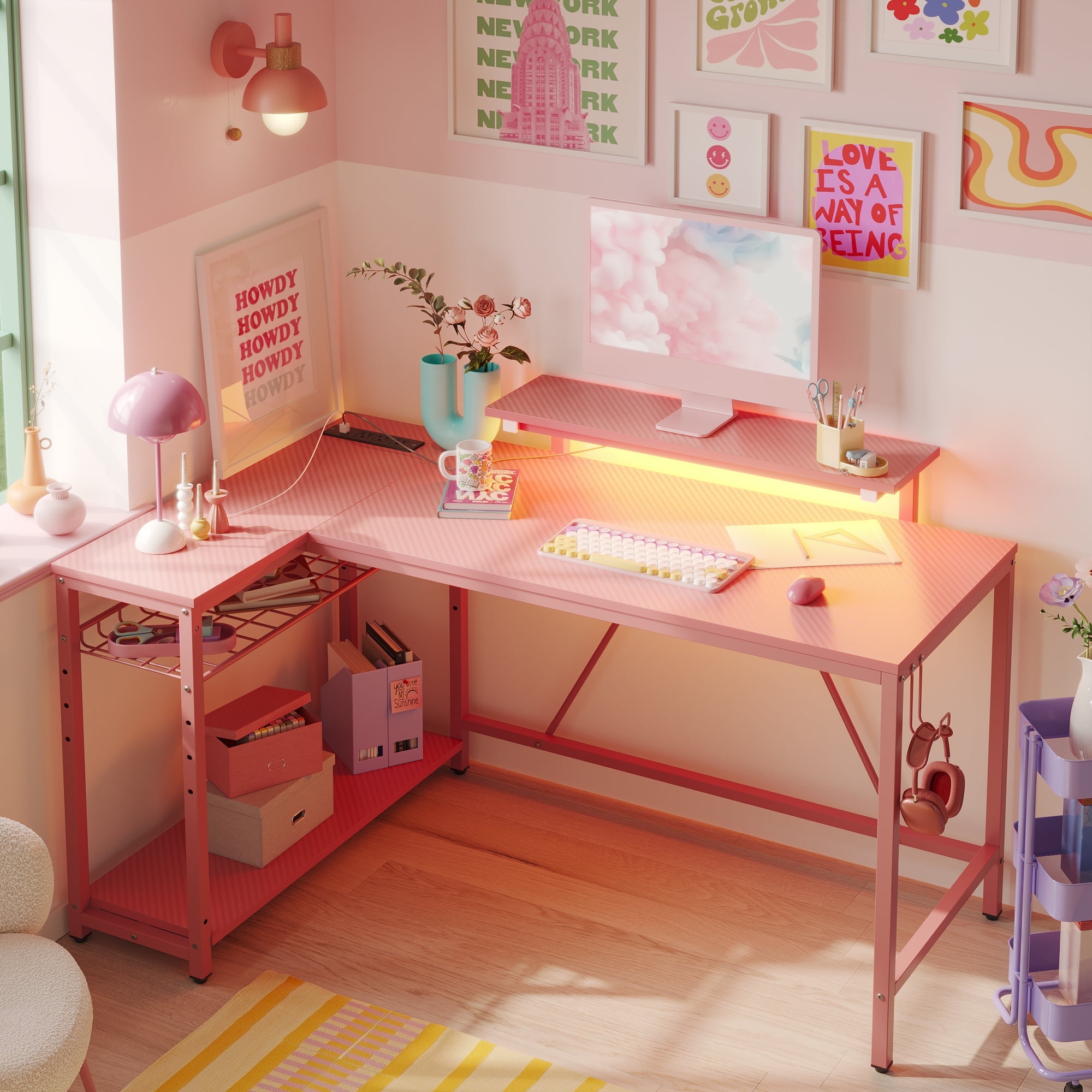 Bestier 52" Pink Gaming Desk with LED Lights L Shaped Desk with Power ...