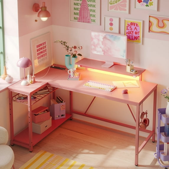 Bestier 52" Pink Gaming Desk with LED Lights L Shaped Desk with Power ...